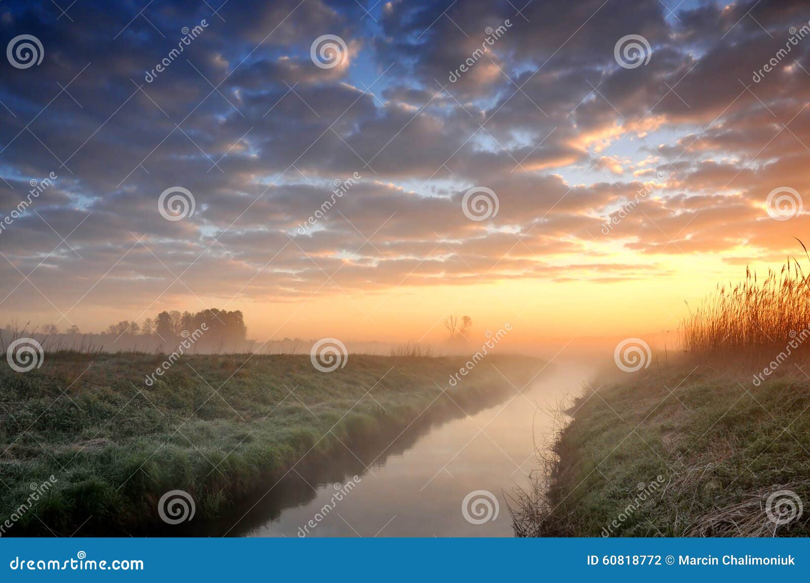 Sunrise Over a Misty Small River Stock Photo - Image of blue, orange ...