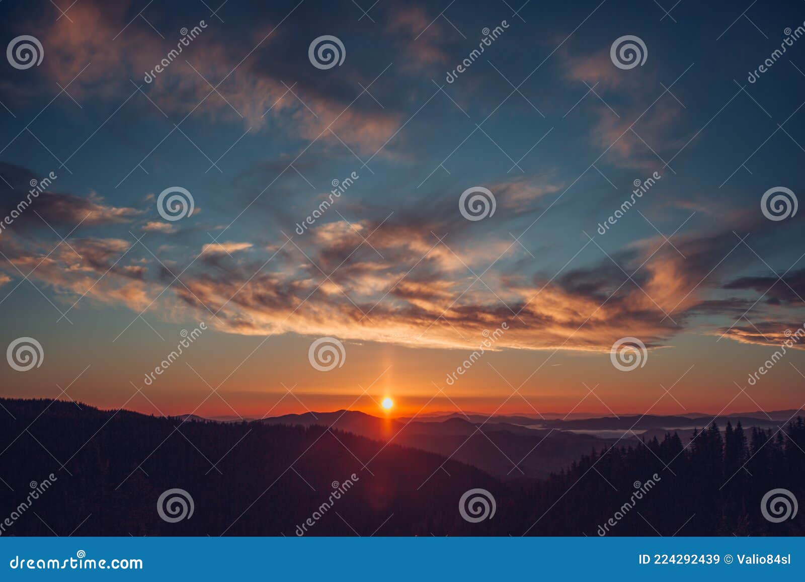 Sunrise over the mountains stock image. Image of autumn - 224292439