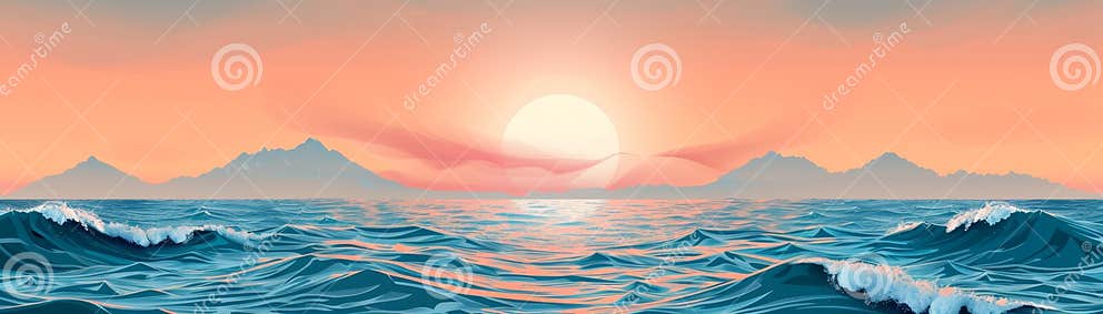 Sunrise Over Ocean with Distant Mountains Stock Illustration ...