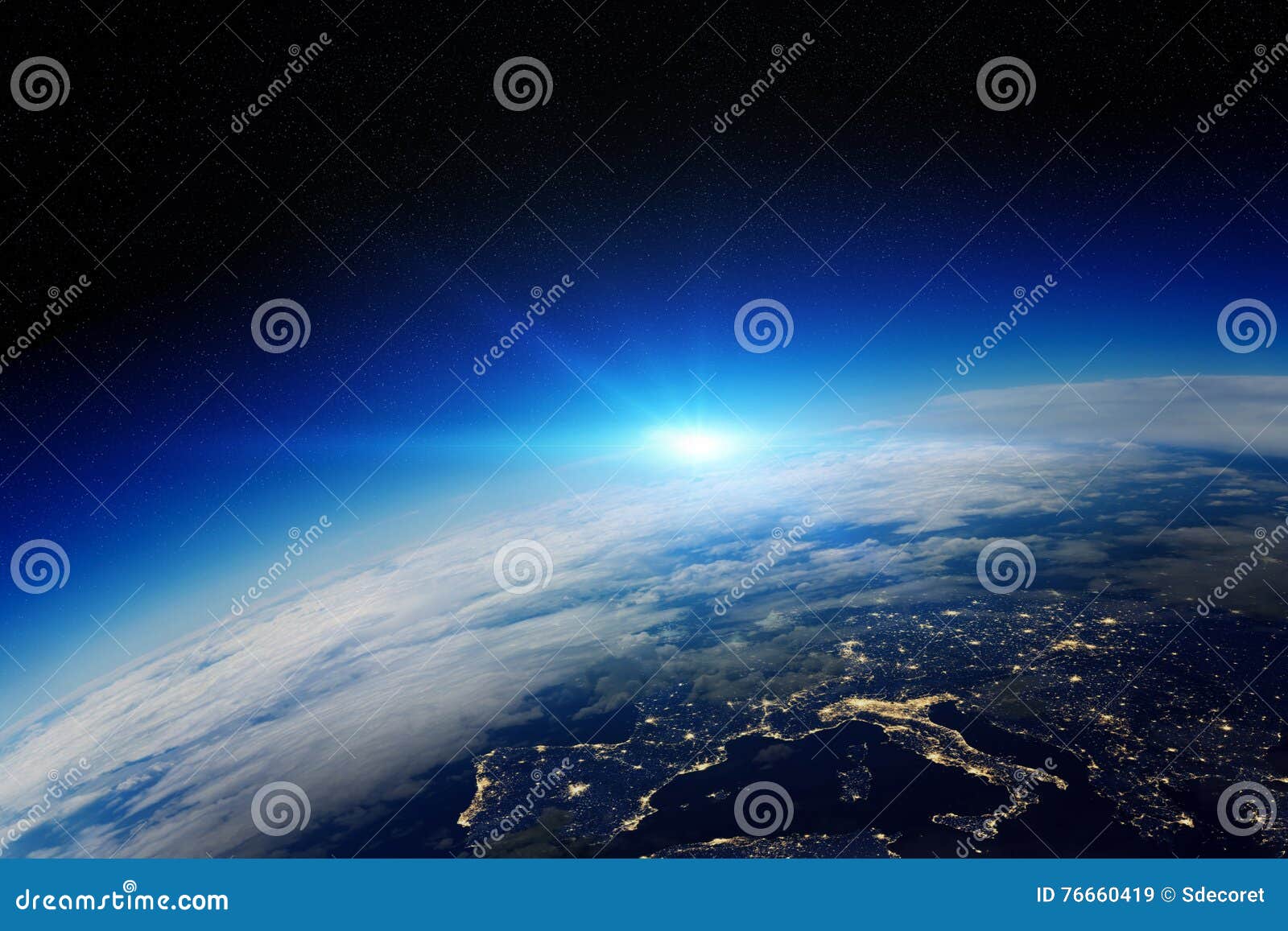 Sunrise Over Planet Earth in Space Stock Illustration - Illustration of ...