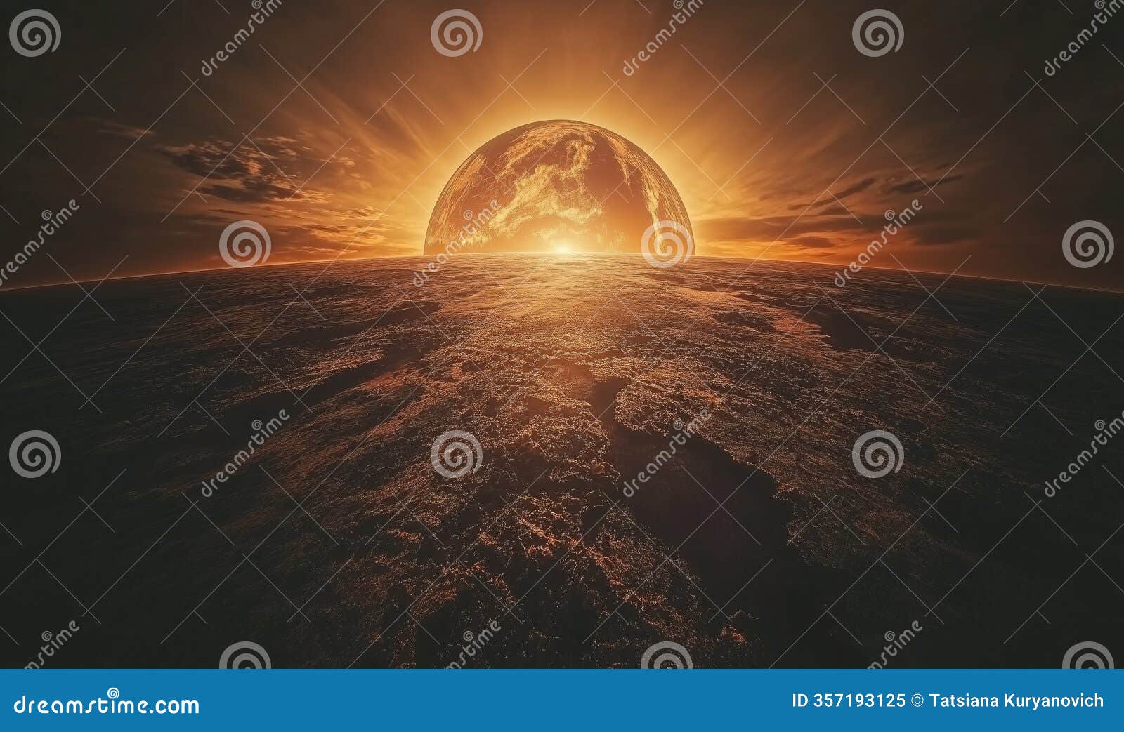Sunrise Over Planet Surface, Dramatic Lighting, Warm Colors, Textured ...