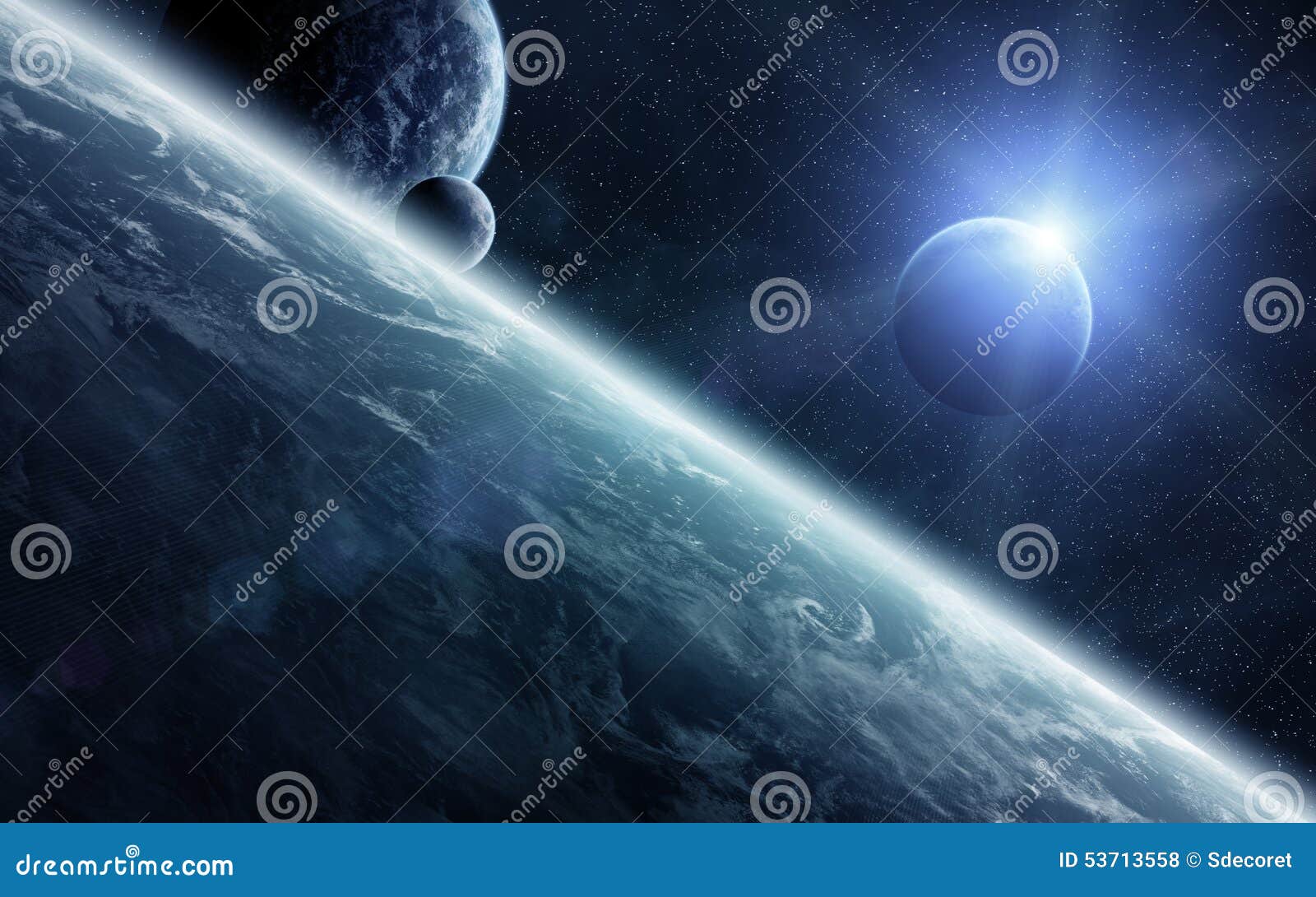 Sunrise Over Planets in Space Stock Illustration - Illustration of ...