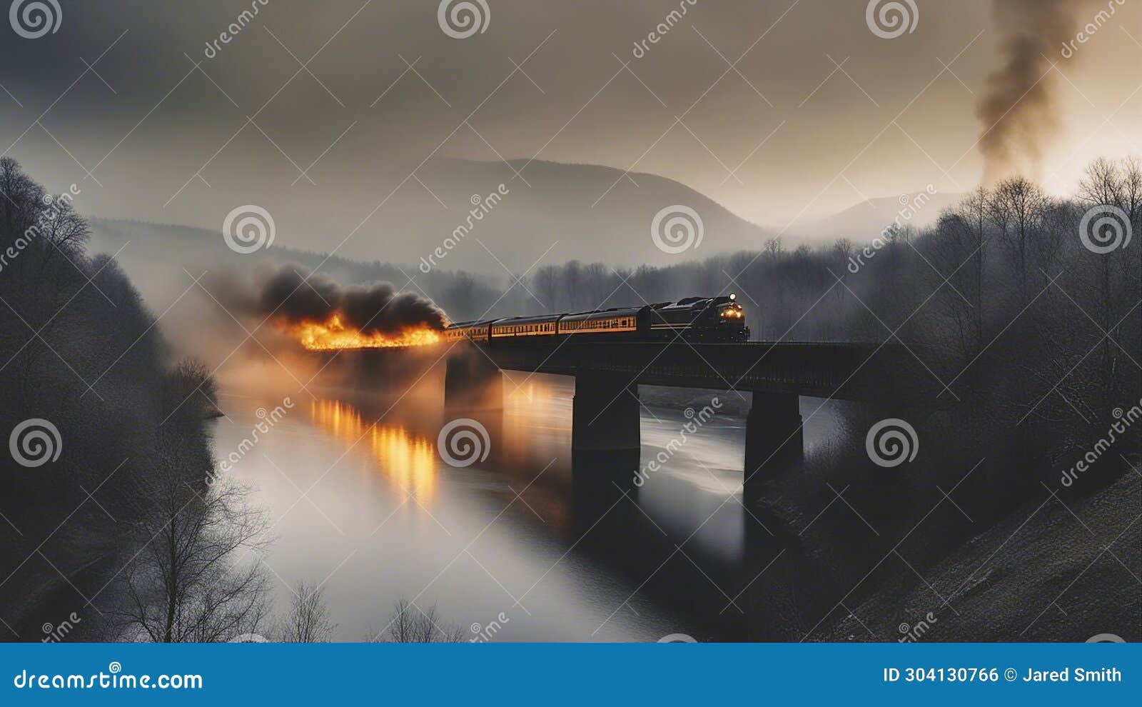 Sunrise Over the River a Burning Train on Fire, Exploding, that Crosses ...