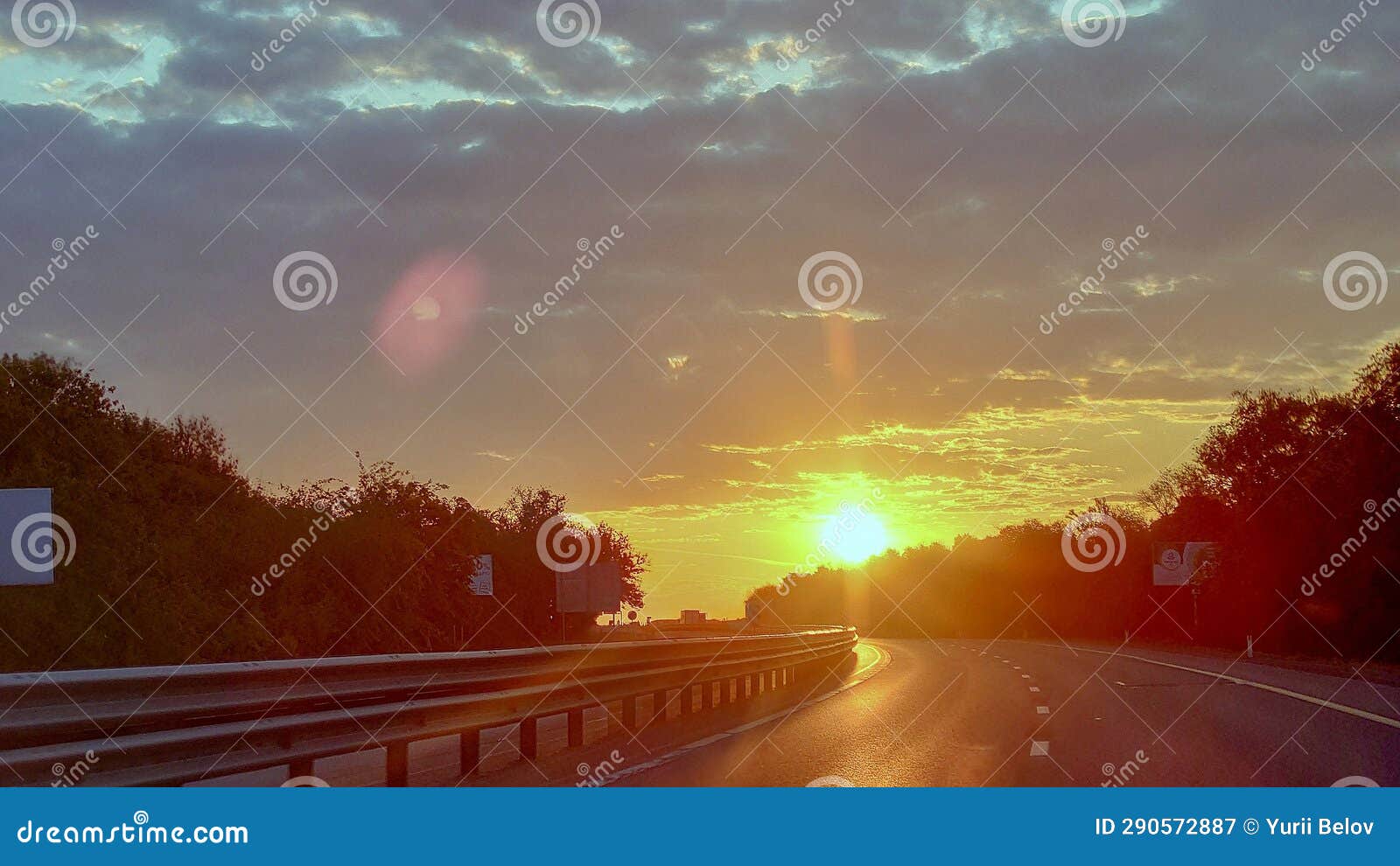 Sunrise Over the Road. Traffic on Highway Stock Image - Image of curve ...
