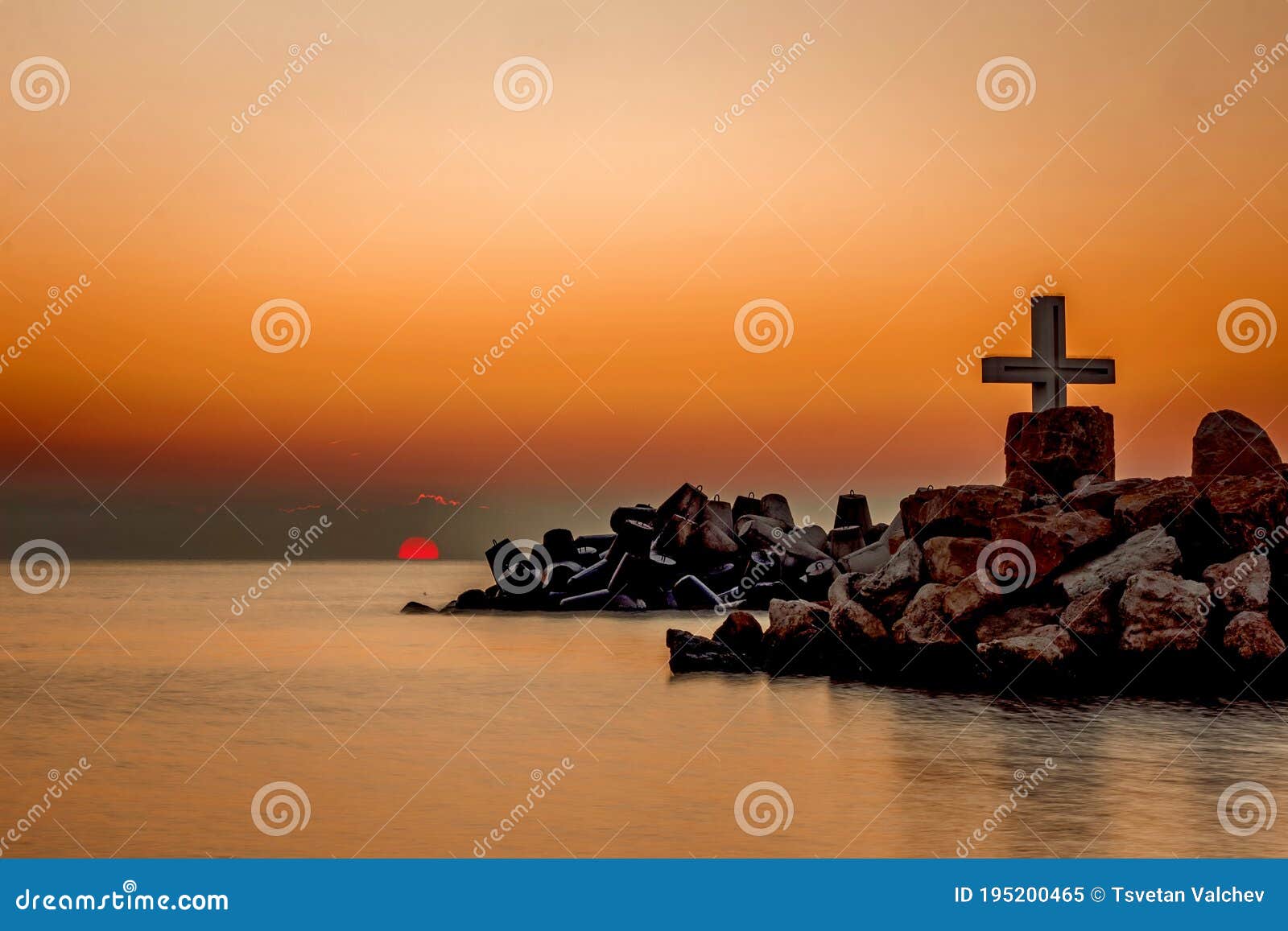 Sunrise Over a Sea Beach with Christian Cross Stock Image - Image of ...
