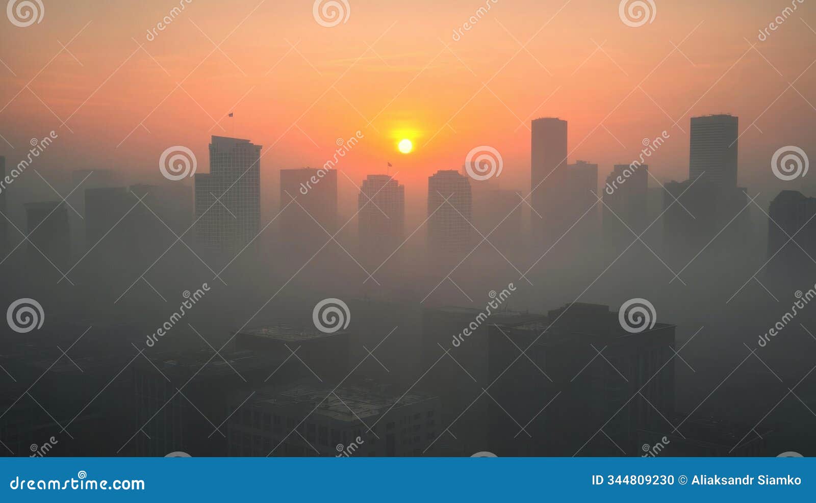 Sunrise Over Seattle Skyline with Buildings in Haze Stock Illustration ...