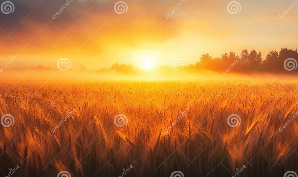 Sunrise Over Wheat Fields, Warm Glow Stock Photo - Image of scene ...