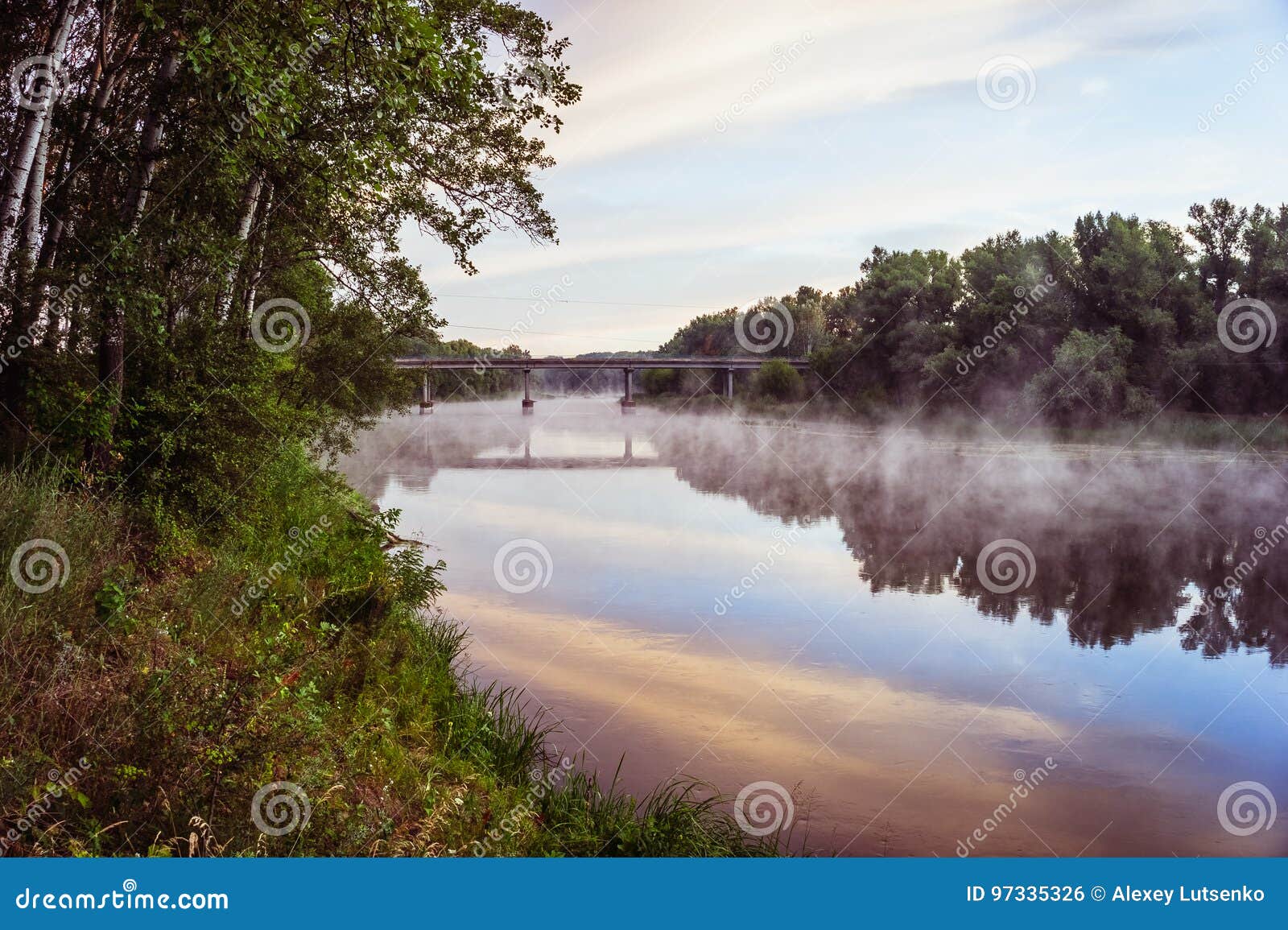 Sunrise on a River with a Mist Over the Water Stock Photo - Image of ...