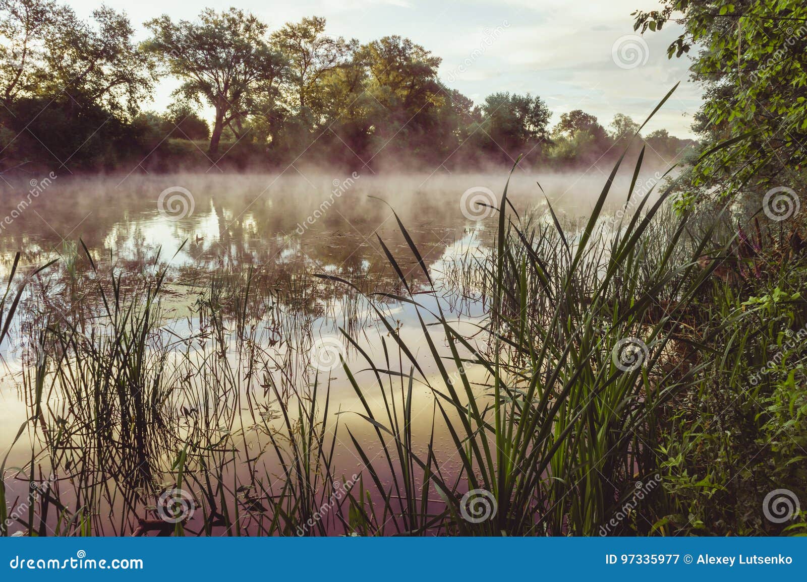 Sunrise on a River with a Mist Over the Water Stock Image - Image of ...
