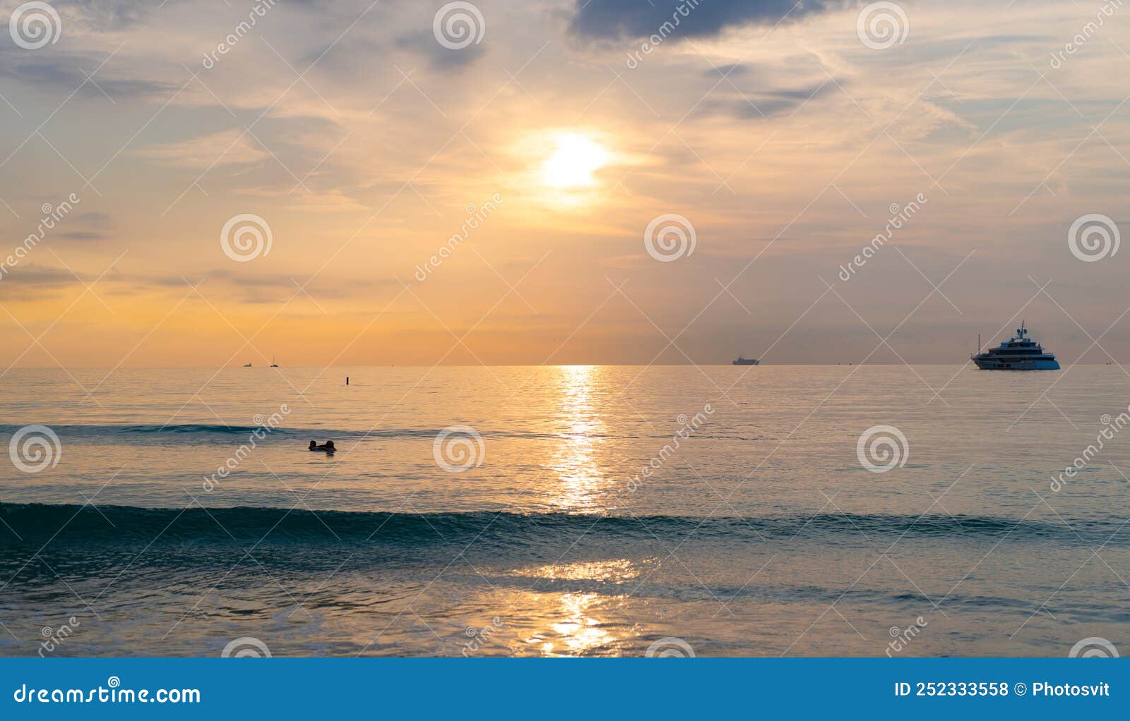 Sunrise Sky In Summer Vacation Skyscape With Ship On Horizon Stock