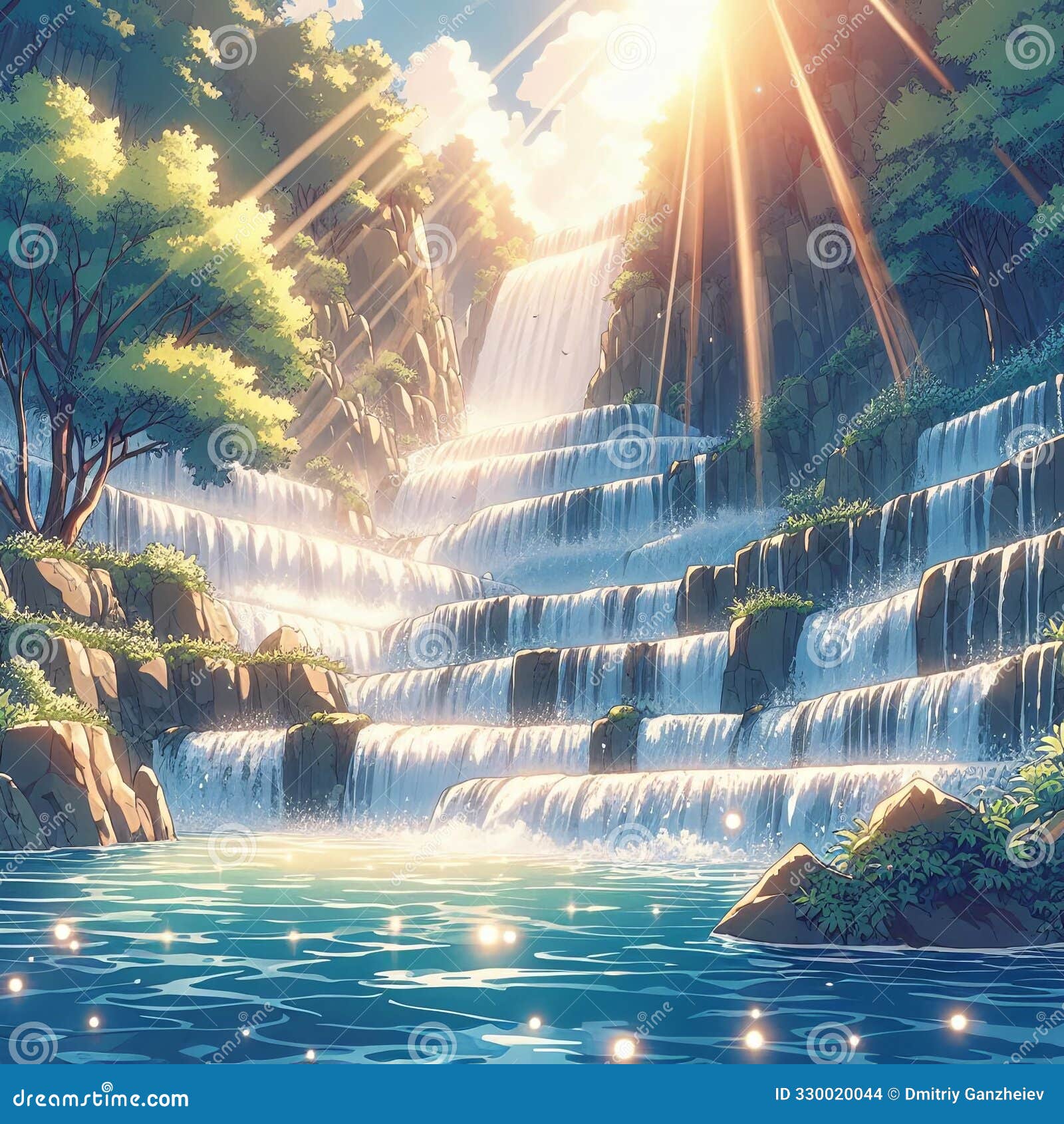 Sunrise Sparkles at Waterfall Stock Illustration - Illustration of ...