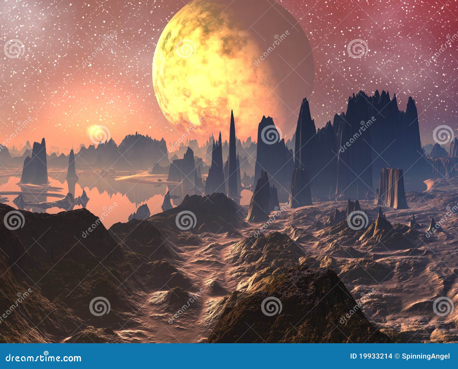 Alien Landscape With Strange Trees And Faraway Planets In The Sky ...