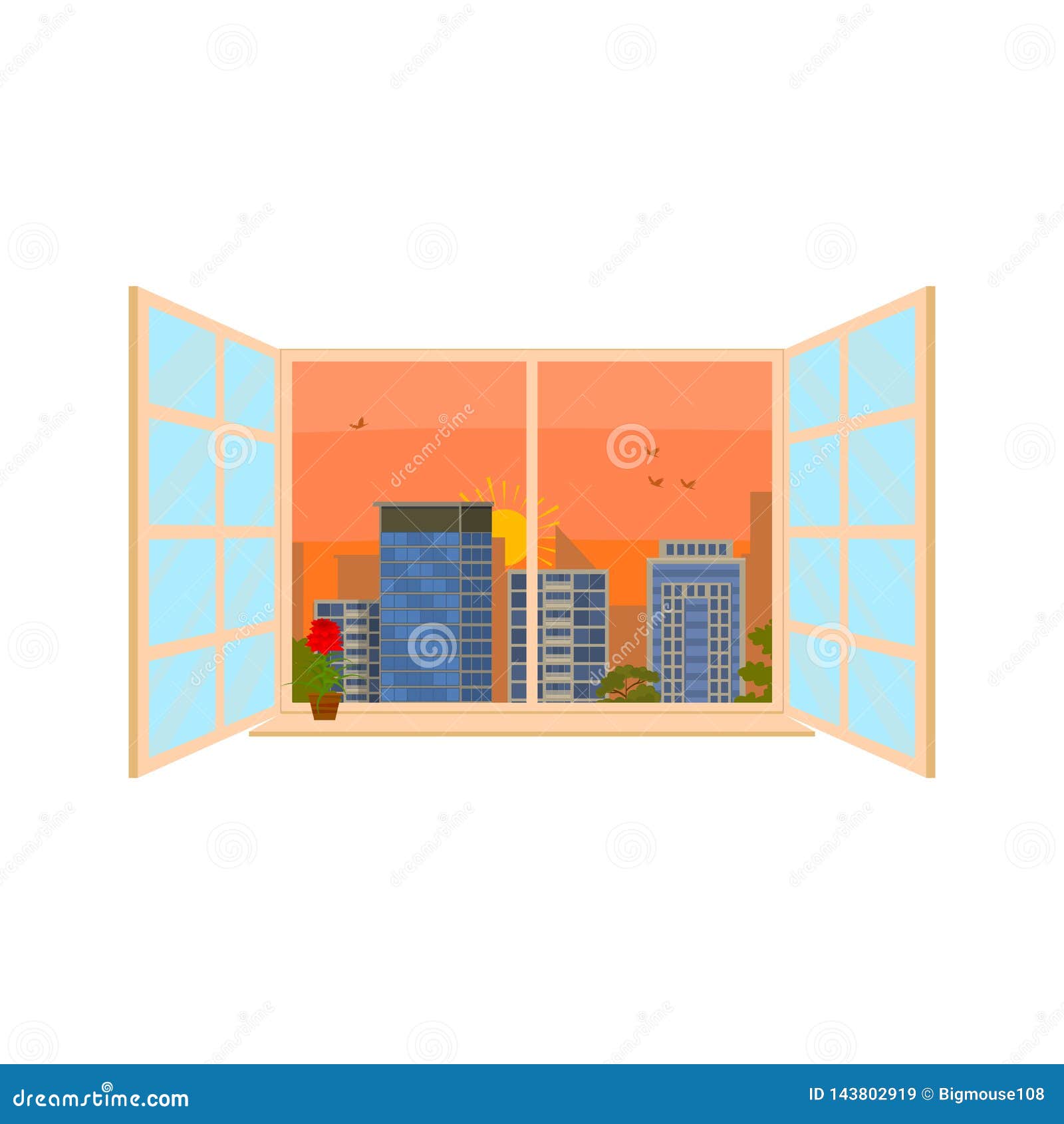 Sunrise or Sunset Time Urban Landscape in Window Scene Concept. Vector ...