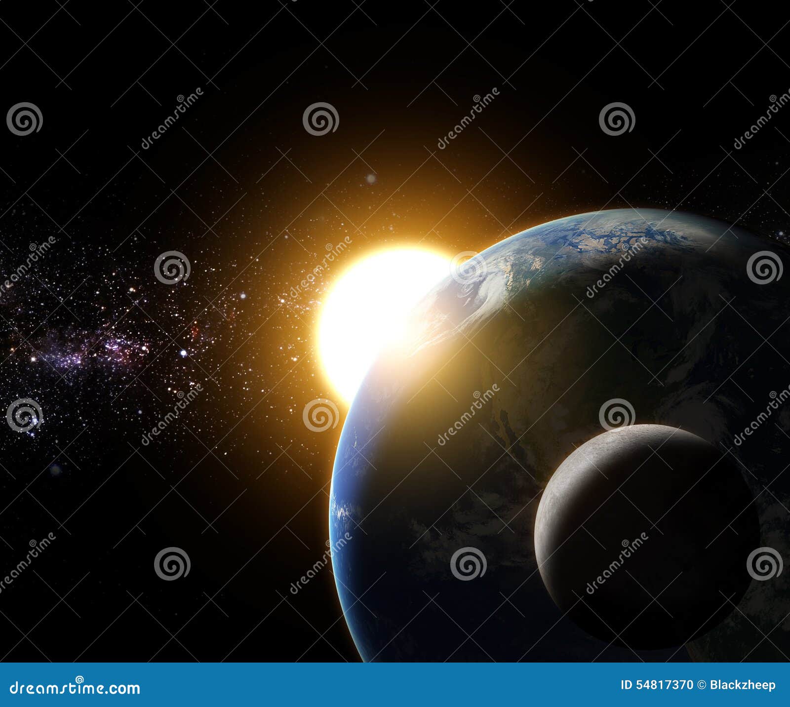 Sunrise To Earth and Moon in Galaxy Space Element Finished B Stock ...