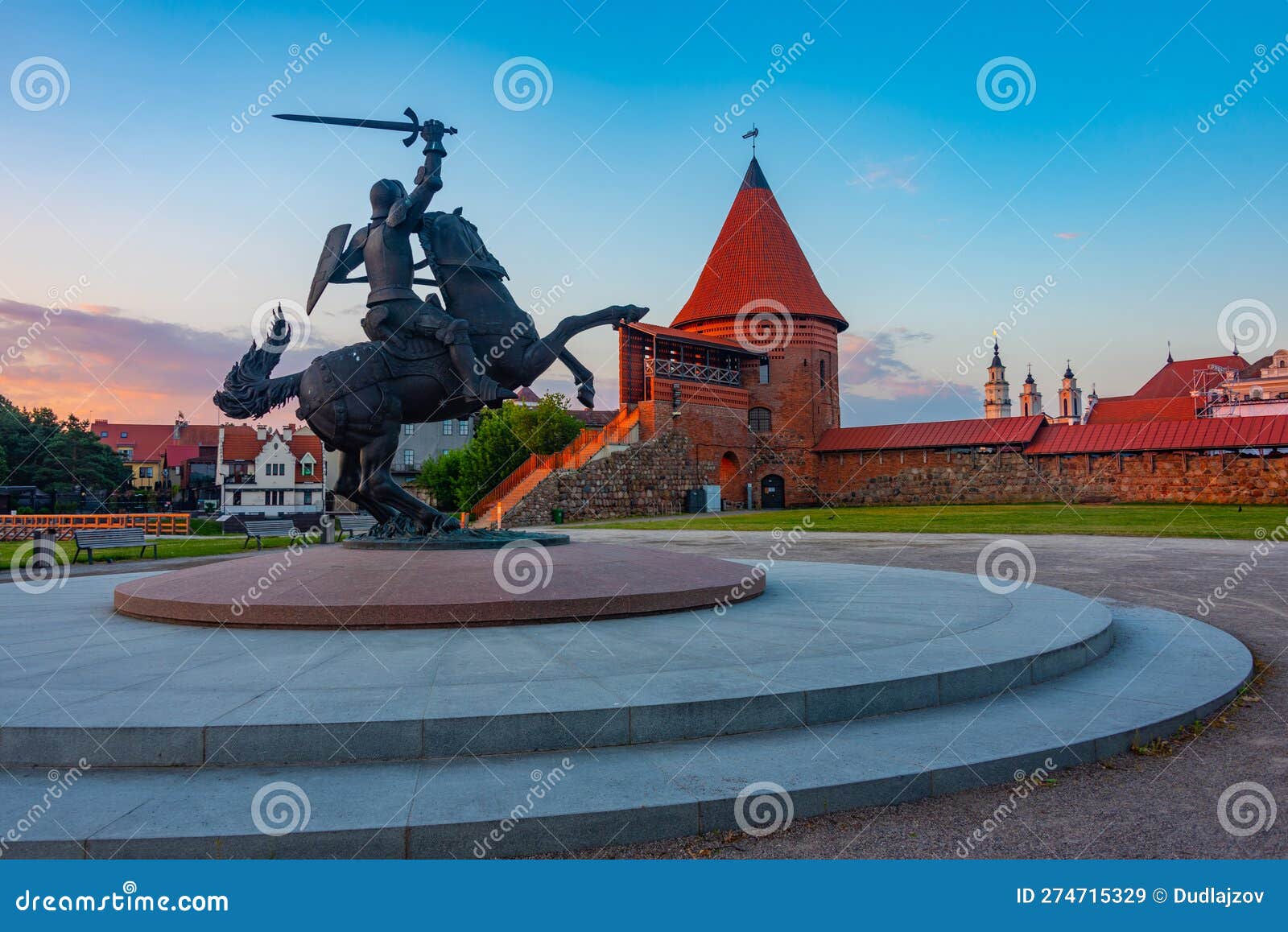 Sunrise View of Vytis Monument and the Castle in Kaunas, Lithuan ...