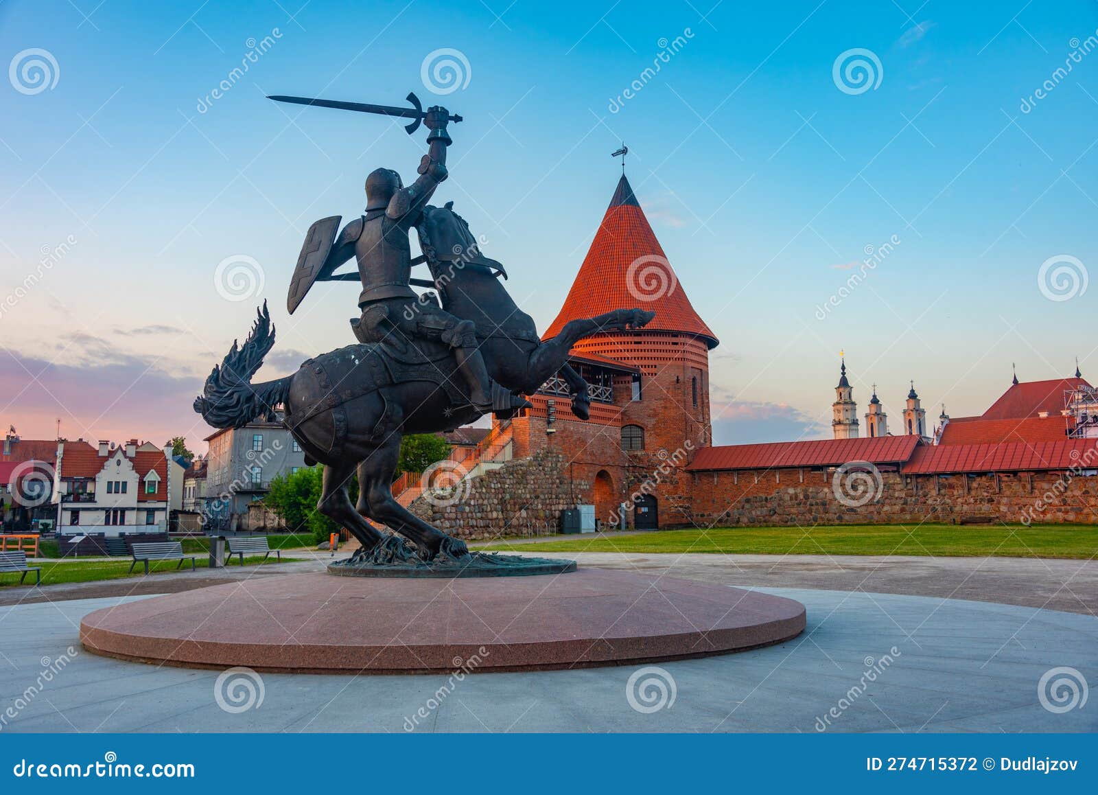Sunrise View of Vytis Monument and the Castle in Kaunas, Lithuan ...