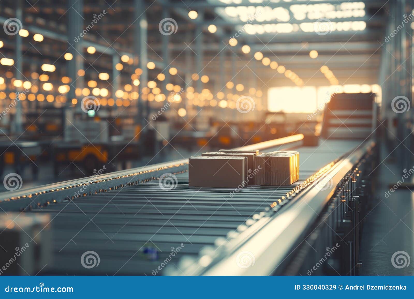 Sunrise at a Warehouse with an Automatic Package Sorting Conveyor Stock ...