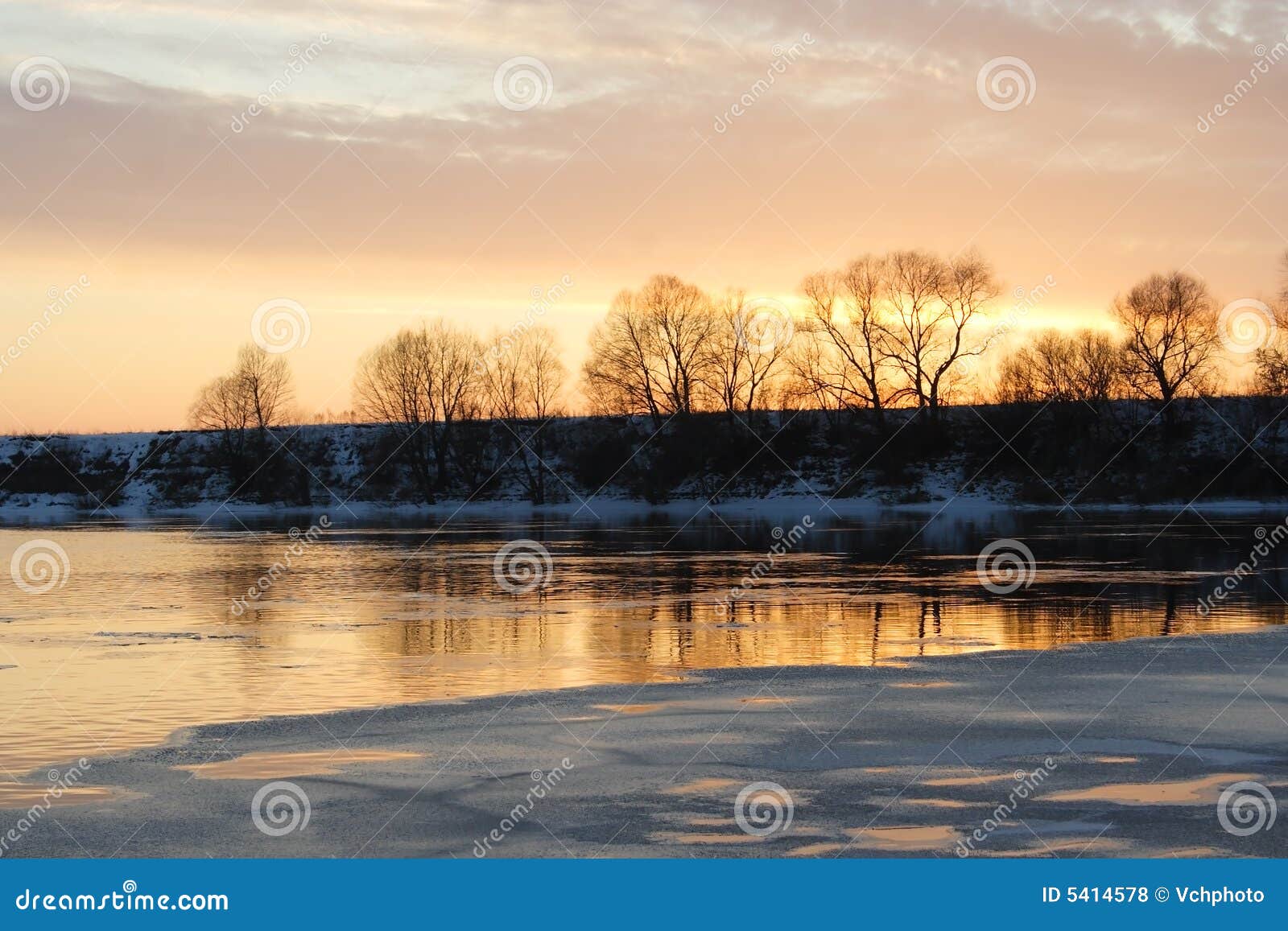 Sunrise with winter river stock photo. Image of footprint - 5414578