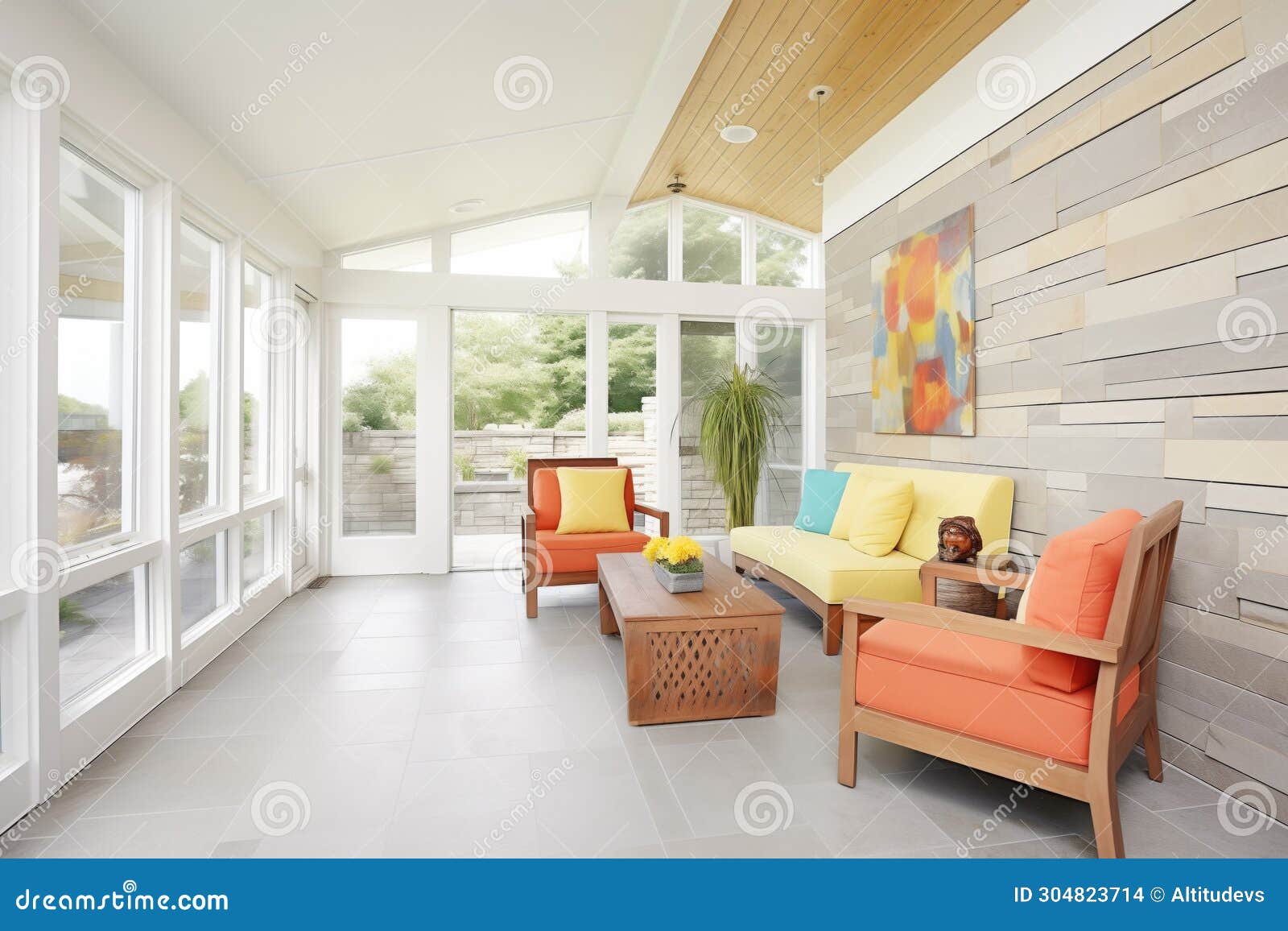 Sunroom with Stone Walls and Tiled Floor Stock Photo - Image of ...
