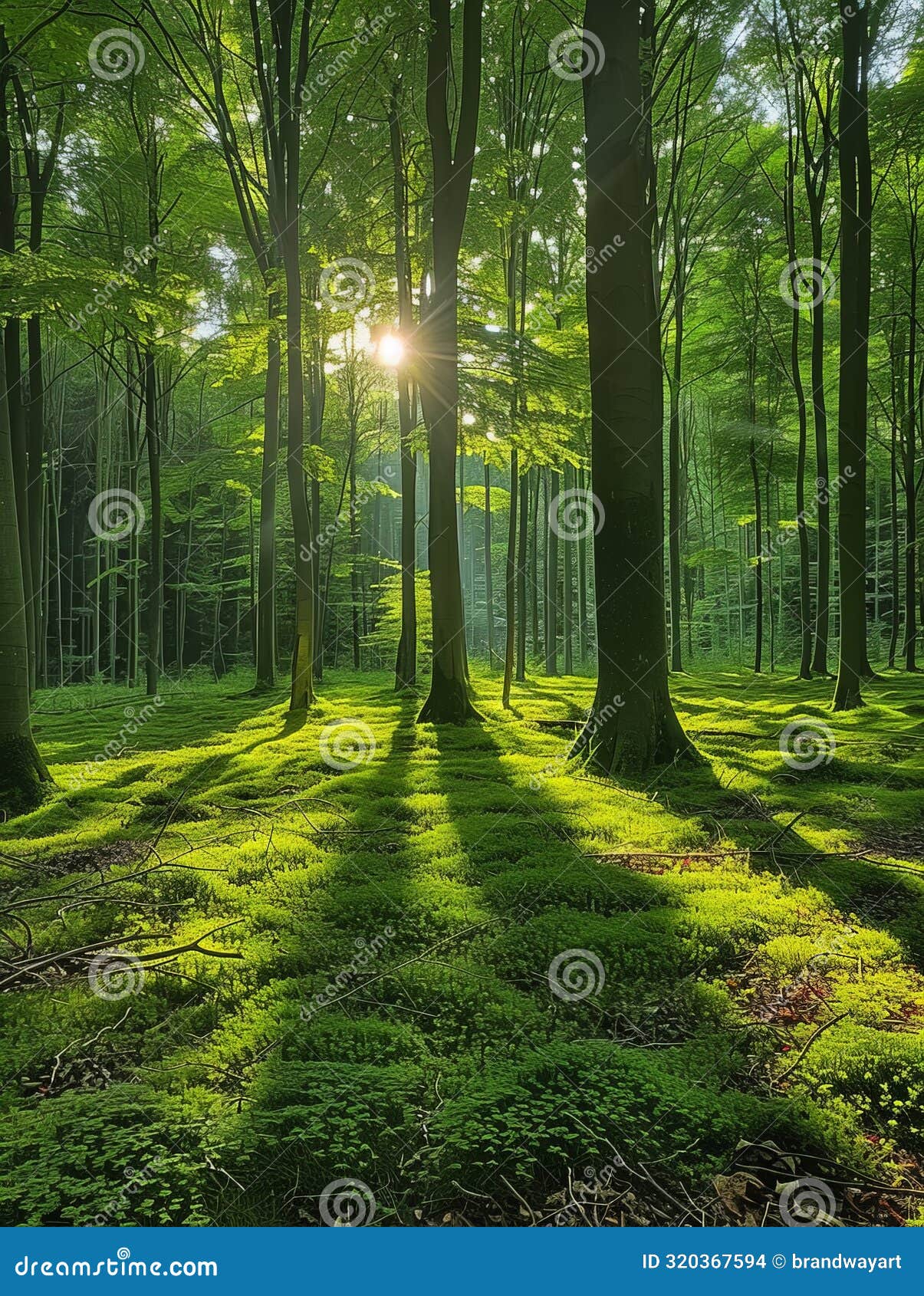 Sun Shining through Trees in Forest Stock Illustration - Illustration ...