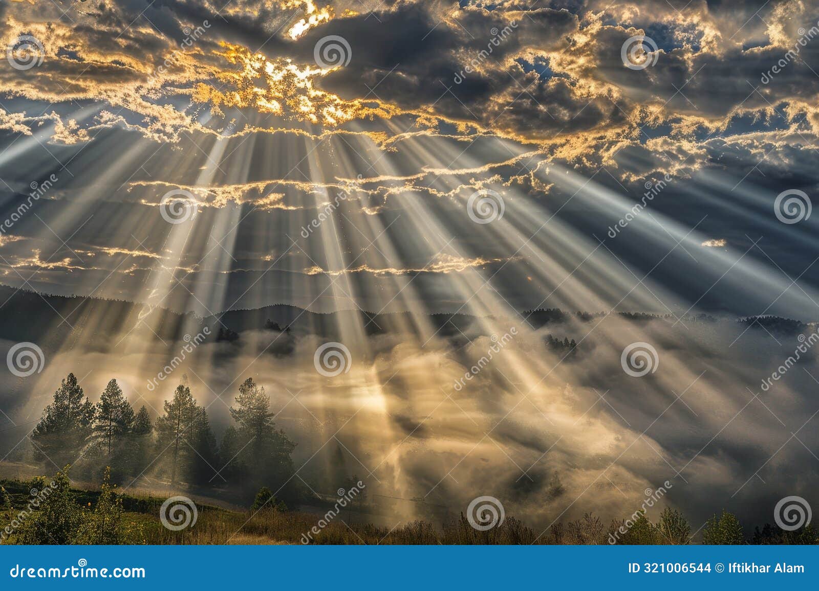 Suns Rays Shining through Clouds Onto a Mountain Peak, Radiant Beams of ...