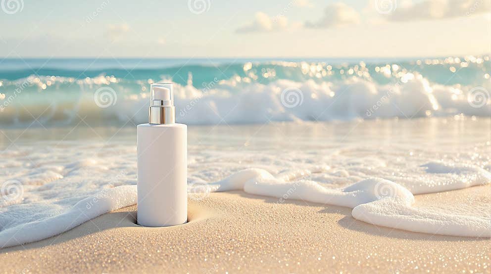 Sunscreen Bottle on Sandy Beach with Ocean Waves in Background Stock ...