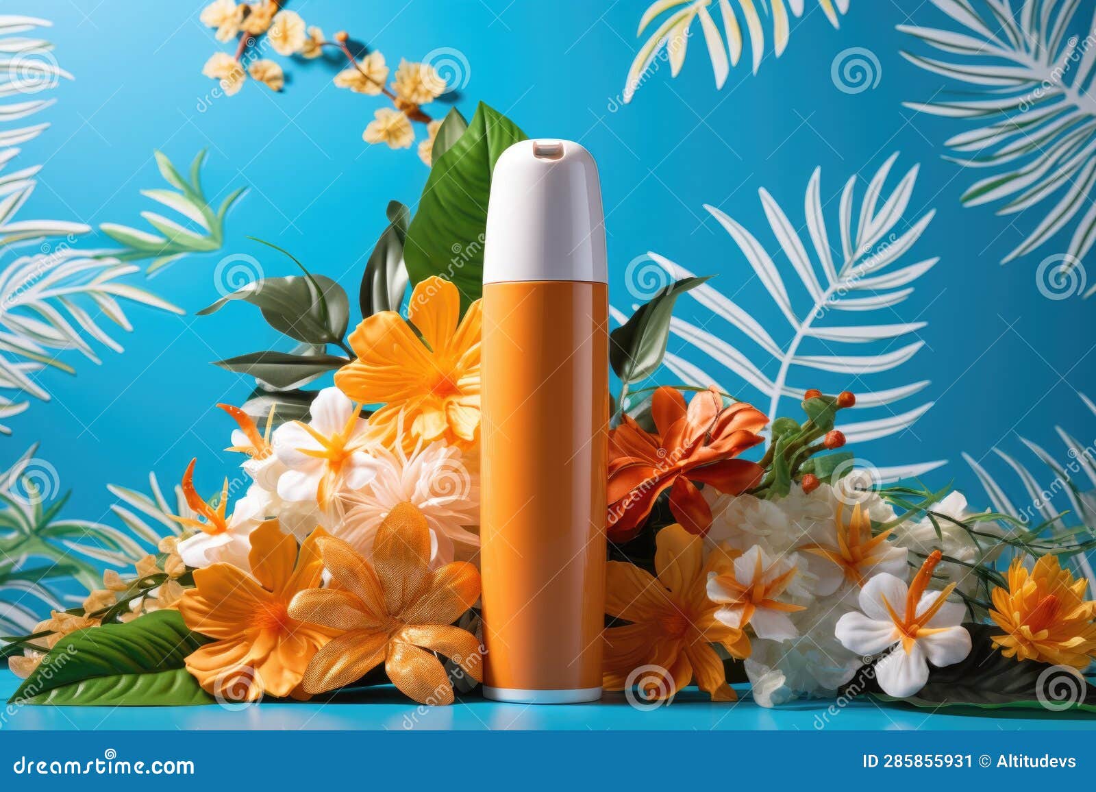 Sunscreen Bottle with Tropical Flowers Backdrop Stock Image - Image of ...