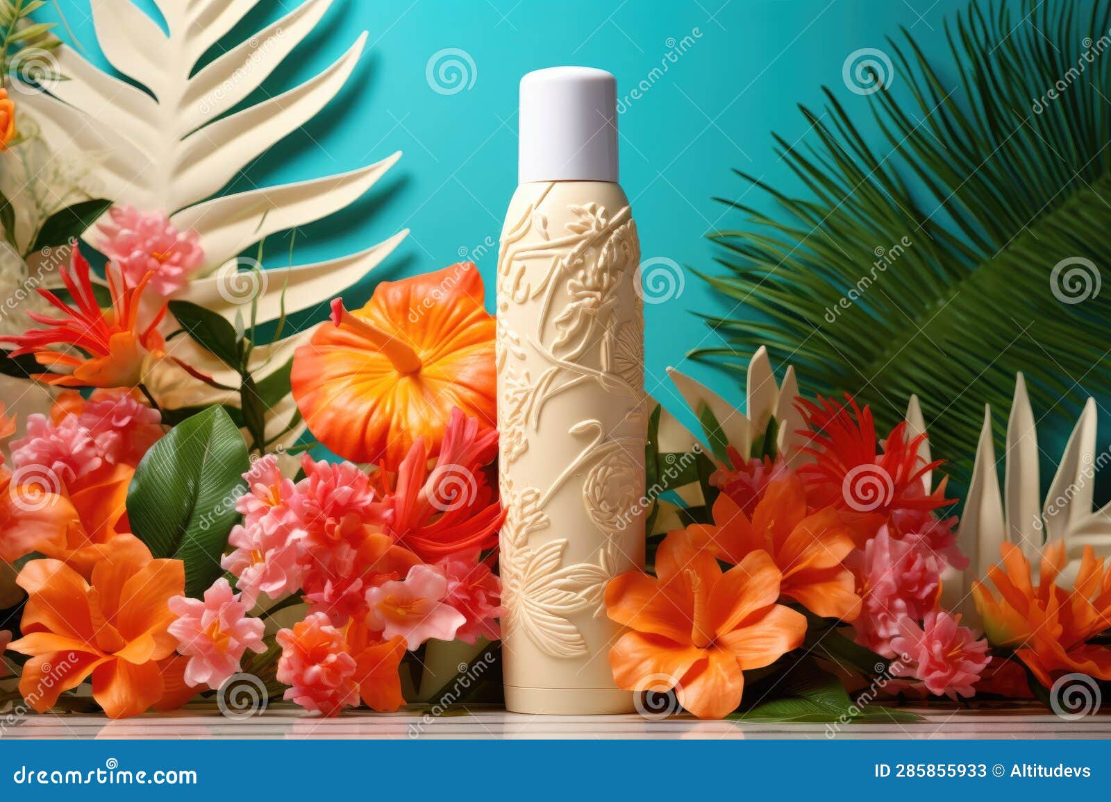Sunscreen Bottle with Tropical Flowers Backdrop Stock Image - Image of ...