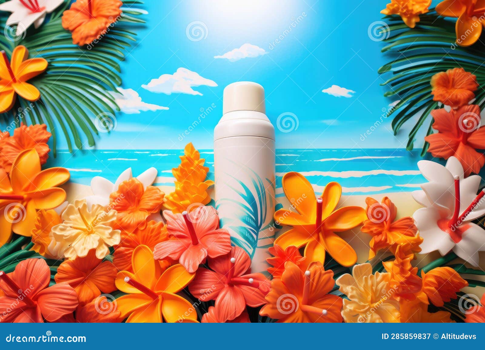 Sunscreen Bottle with Tropical Flowers Backdrop Stock Illustration ...