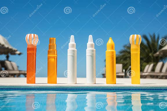 Sunscreen Bottles with Different Spf Levels on Pool Edge Stock ... Sunscreen Bottles with Different Spf Levels on Pool Edge Stock ...