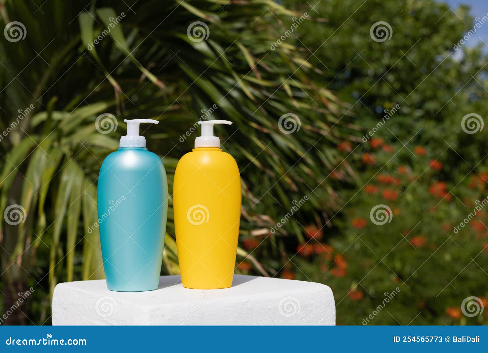 Sunscreen Bottles on Palm Leaves Background. Mockup Stock Image - Image ...