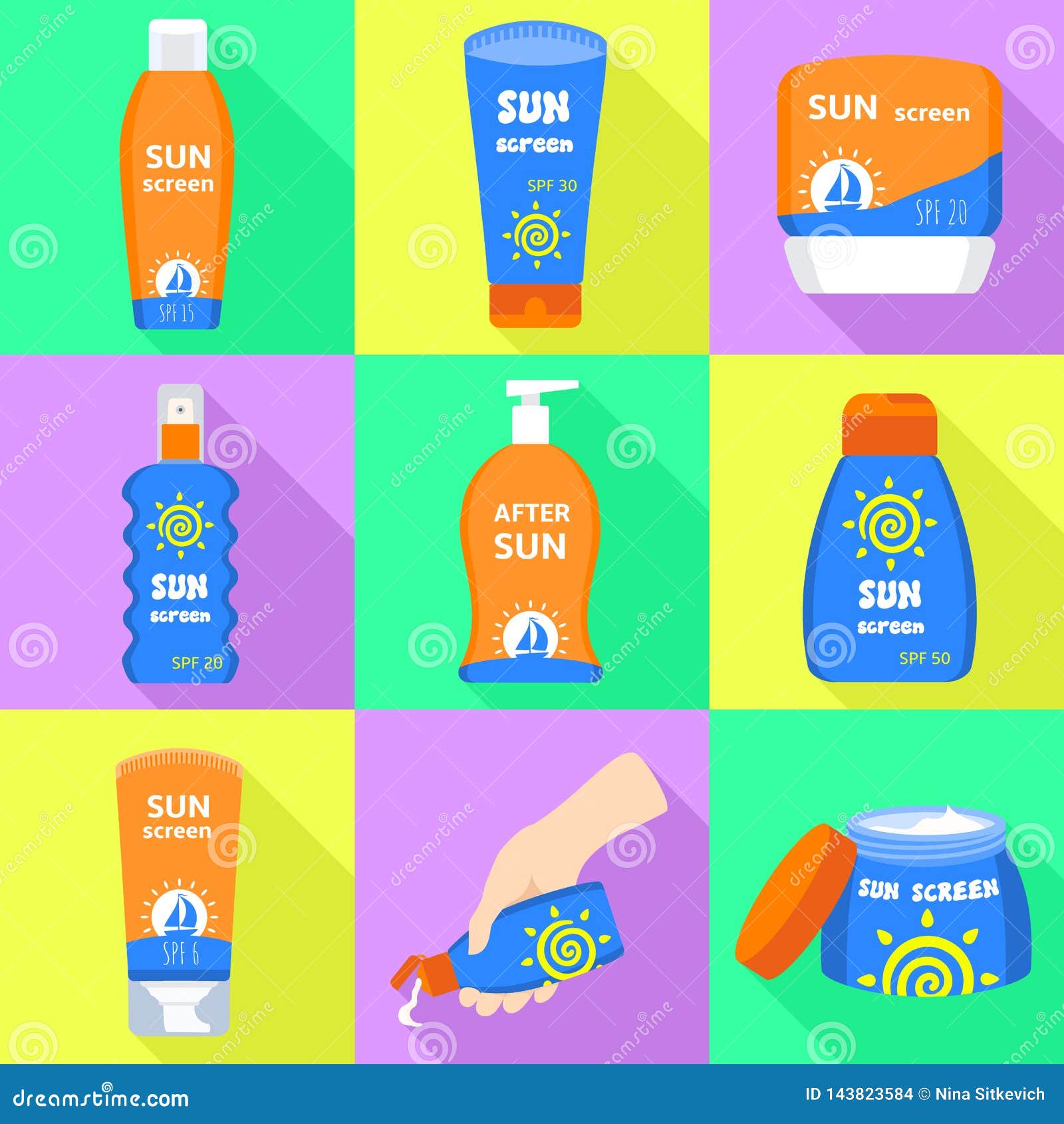 Sunscreen Icons Set, Flat Style Stock Vector - Illustration of child ...