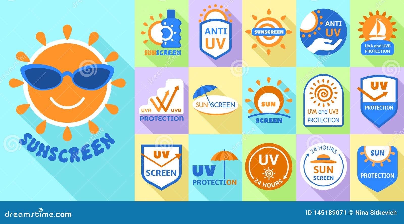 Sunscreen Logo Set, Flat Style Stock Vector - Illustration of badge ...