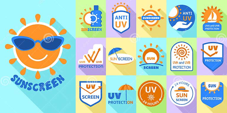 Sunscreen Logo Set, Flat Style Stock Vector - Illustration of badge ...