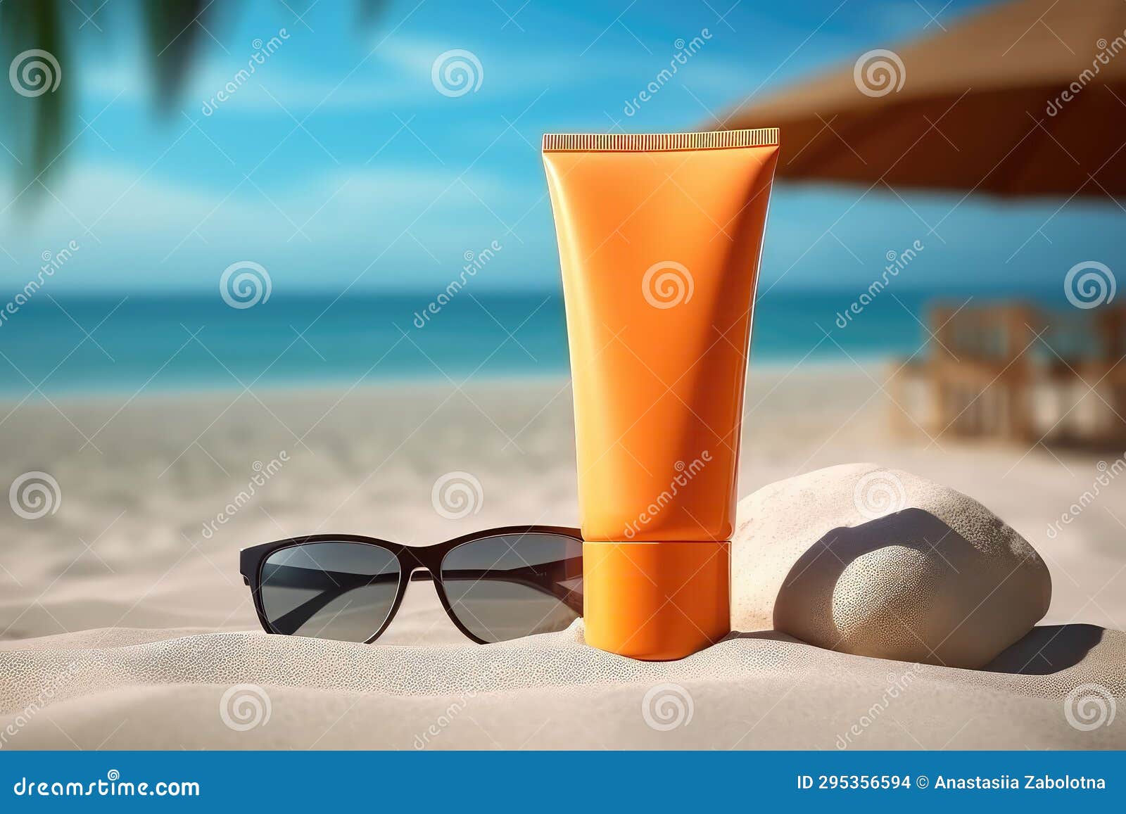 Sunscreen Lotion and Sunglasses on Sandy Beach Background Stock ...