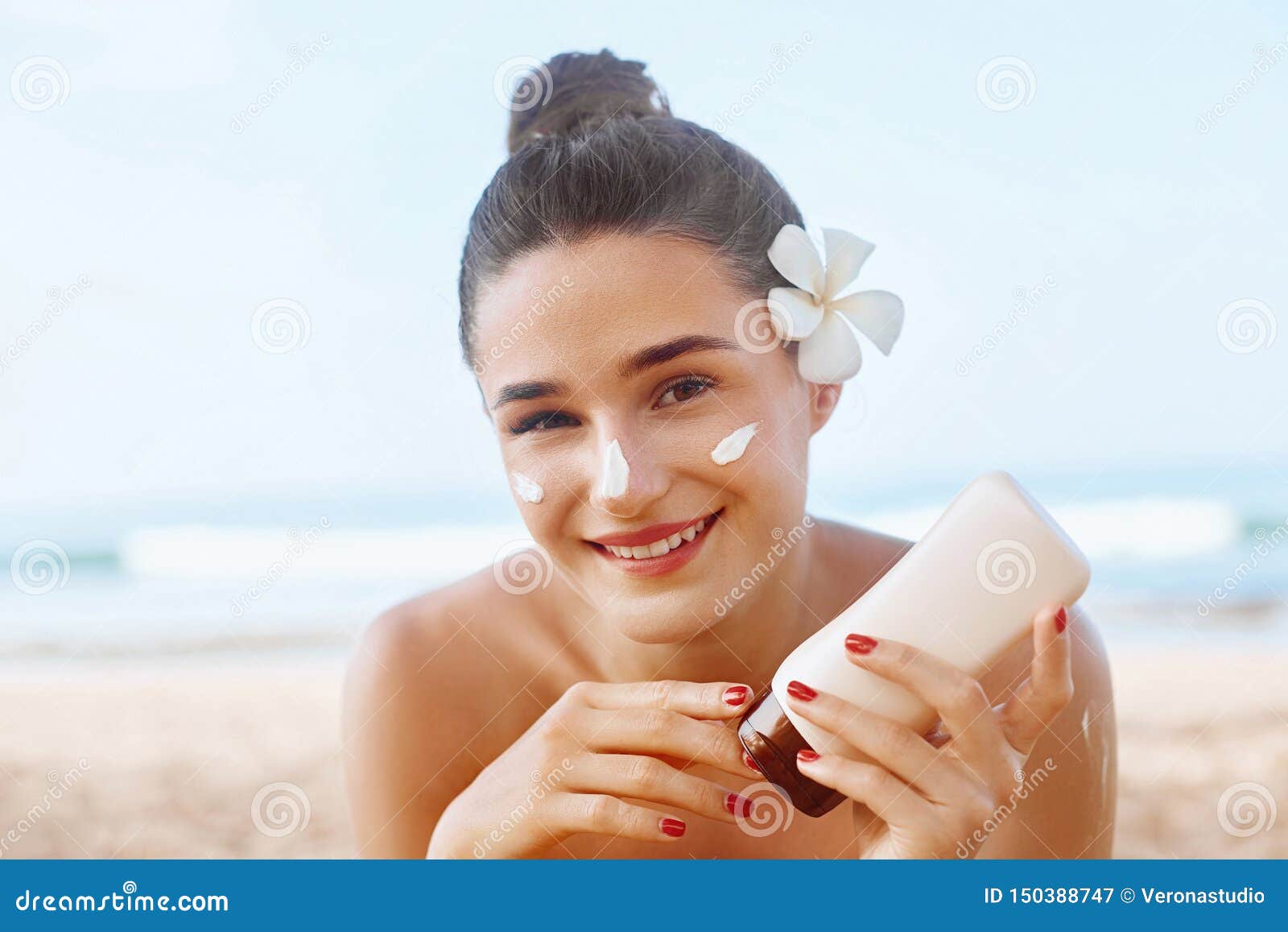 Sunscreen And Sunblock Beauty Woman Putting Solar Cream On Nose