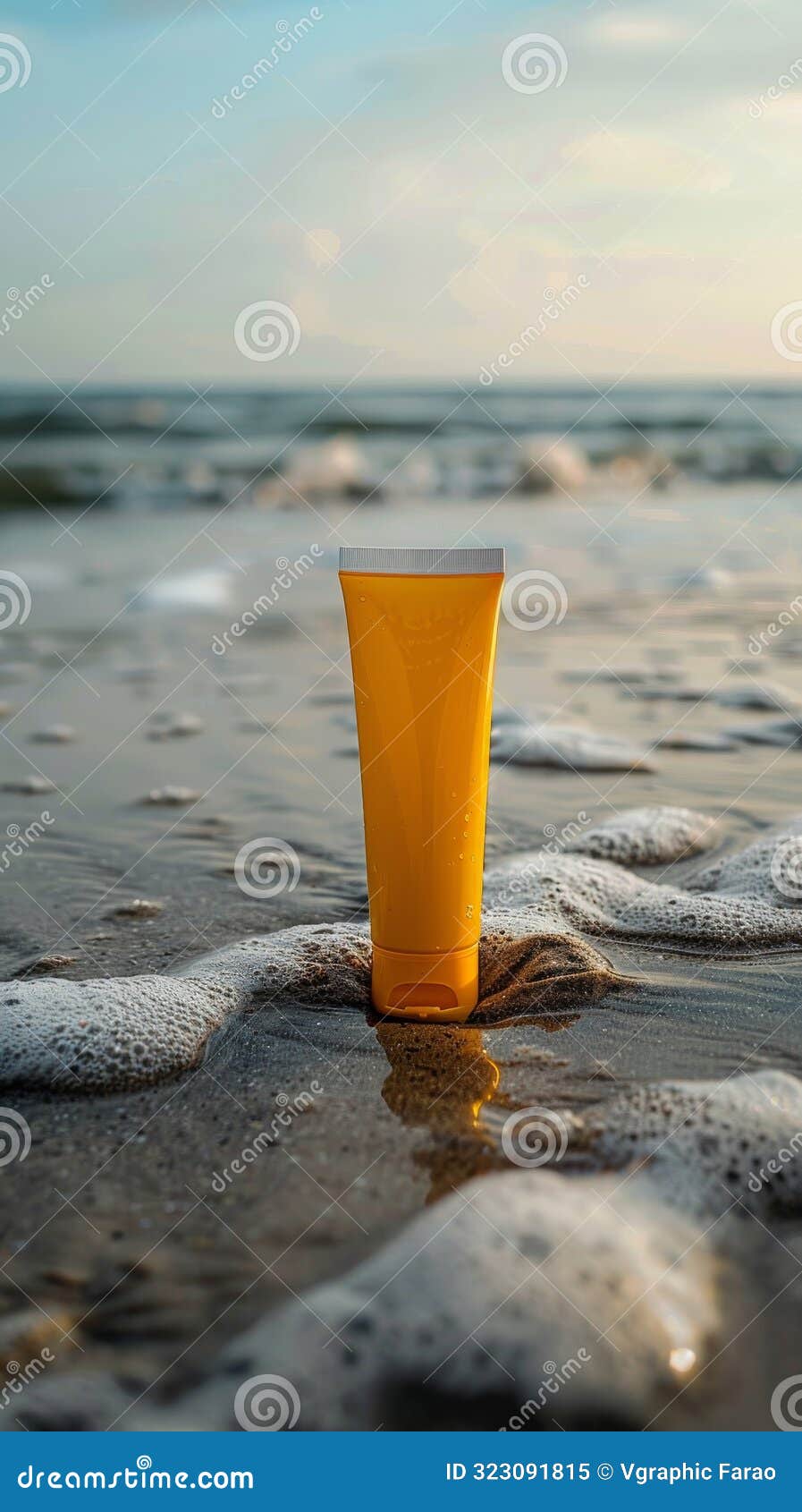 Sunscreen Tube on Beach with Ocean Waves and Sky in Background Stock ...