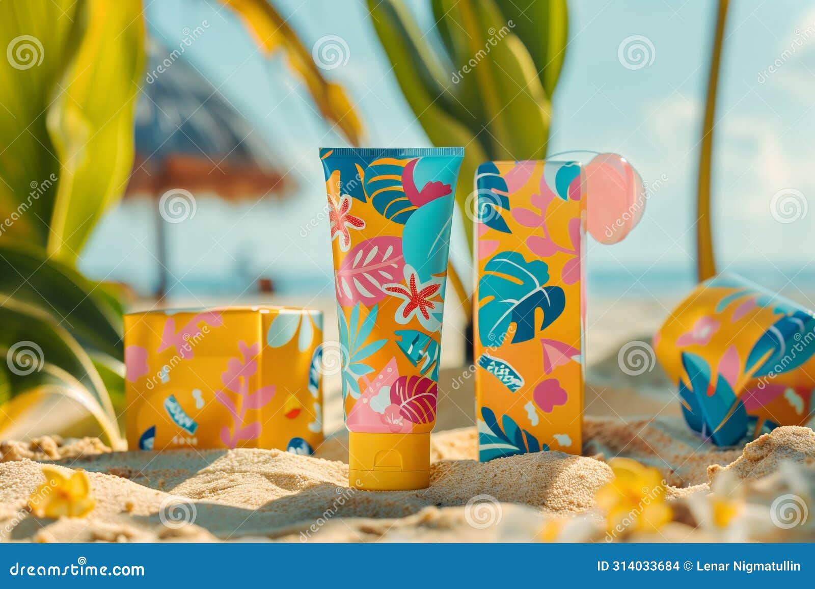 Sunscreen Tubes with Tropical Design on Beach Sand Stock Photo - Image ...