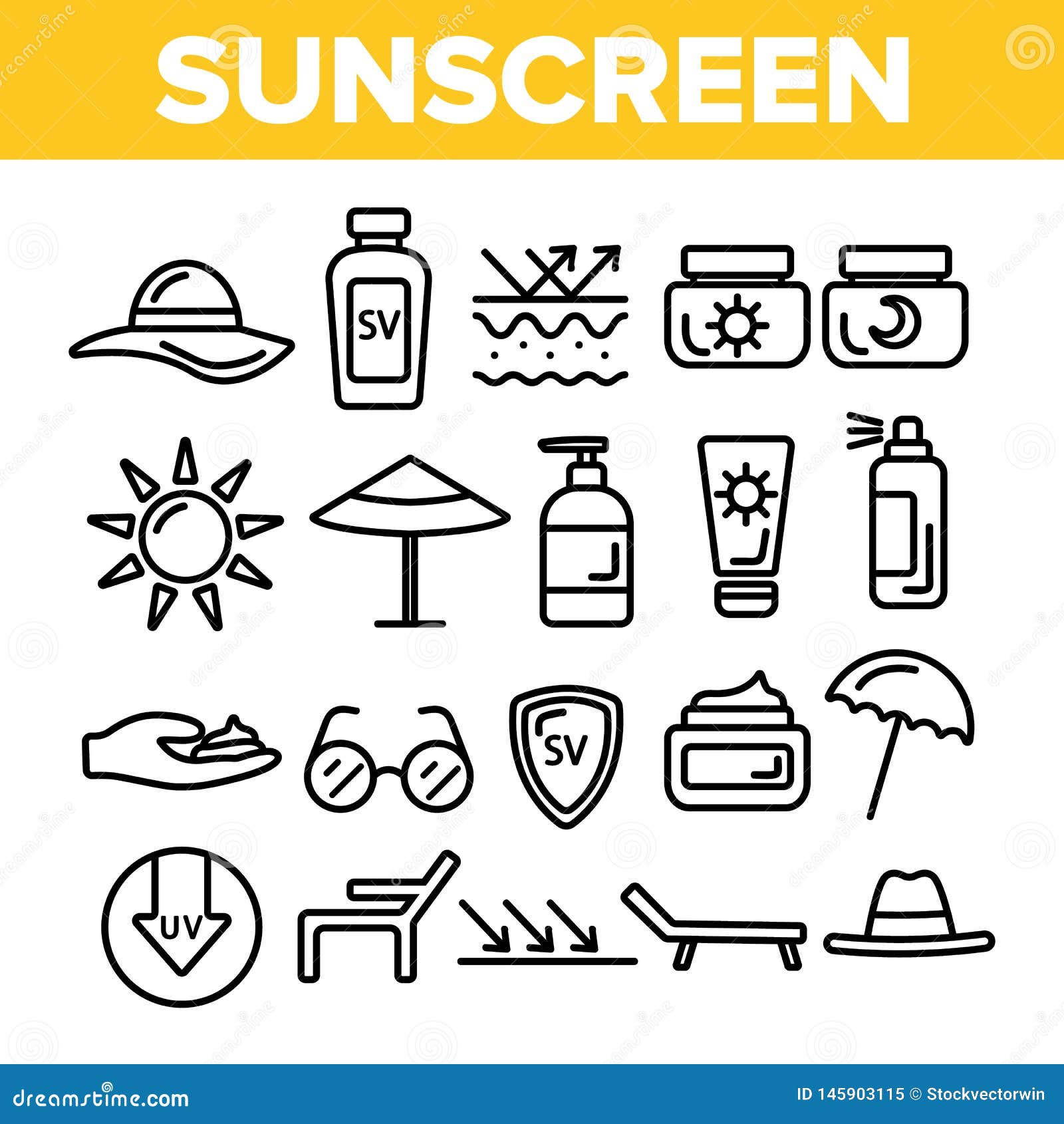 Sunscreen, UV Defence Vector Thin Line Icons Set Stock Vector ...