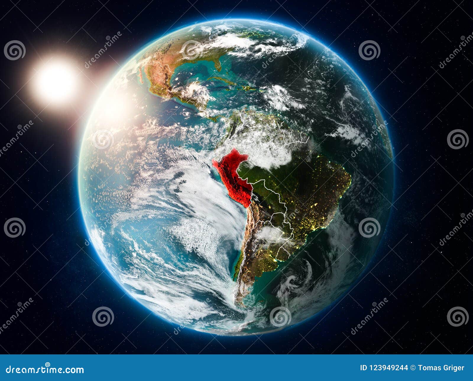 Peru with Sunset from Space Stock Illustration - Illustration of globe ...