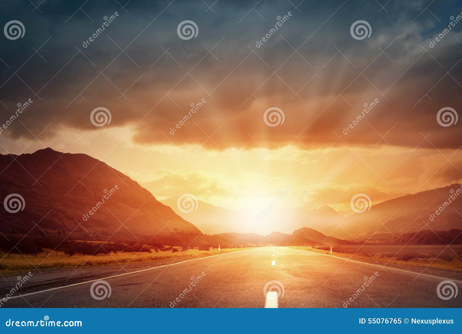 Sunset above road stock image. Image of sunny, sunlight - 55076765