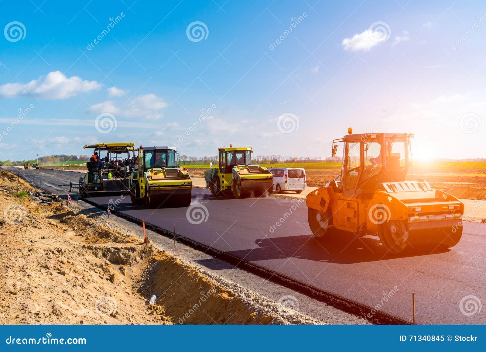 Road Roller Construction Large Vibratory Road Roller Are Working On A