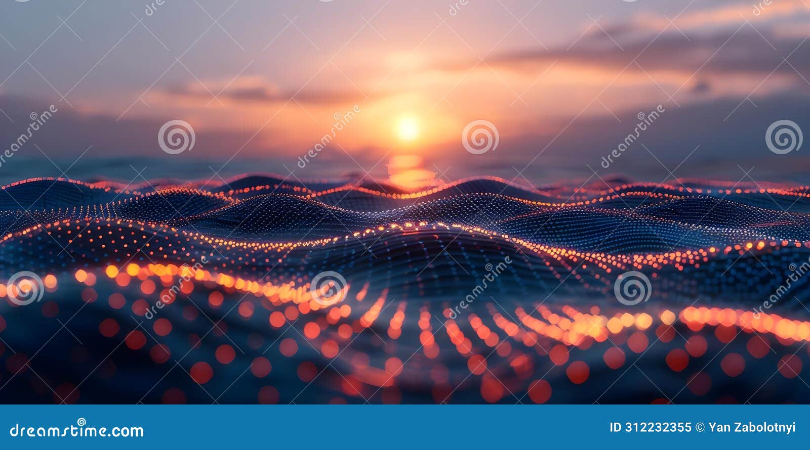Sunset Abstract Cyber Landscape with Wavy Network Surface and Tech Lights in Dark Blue Digital ...