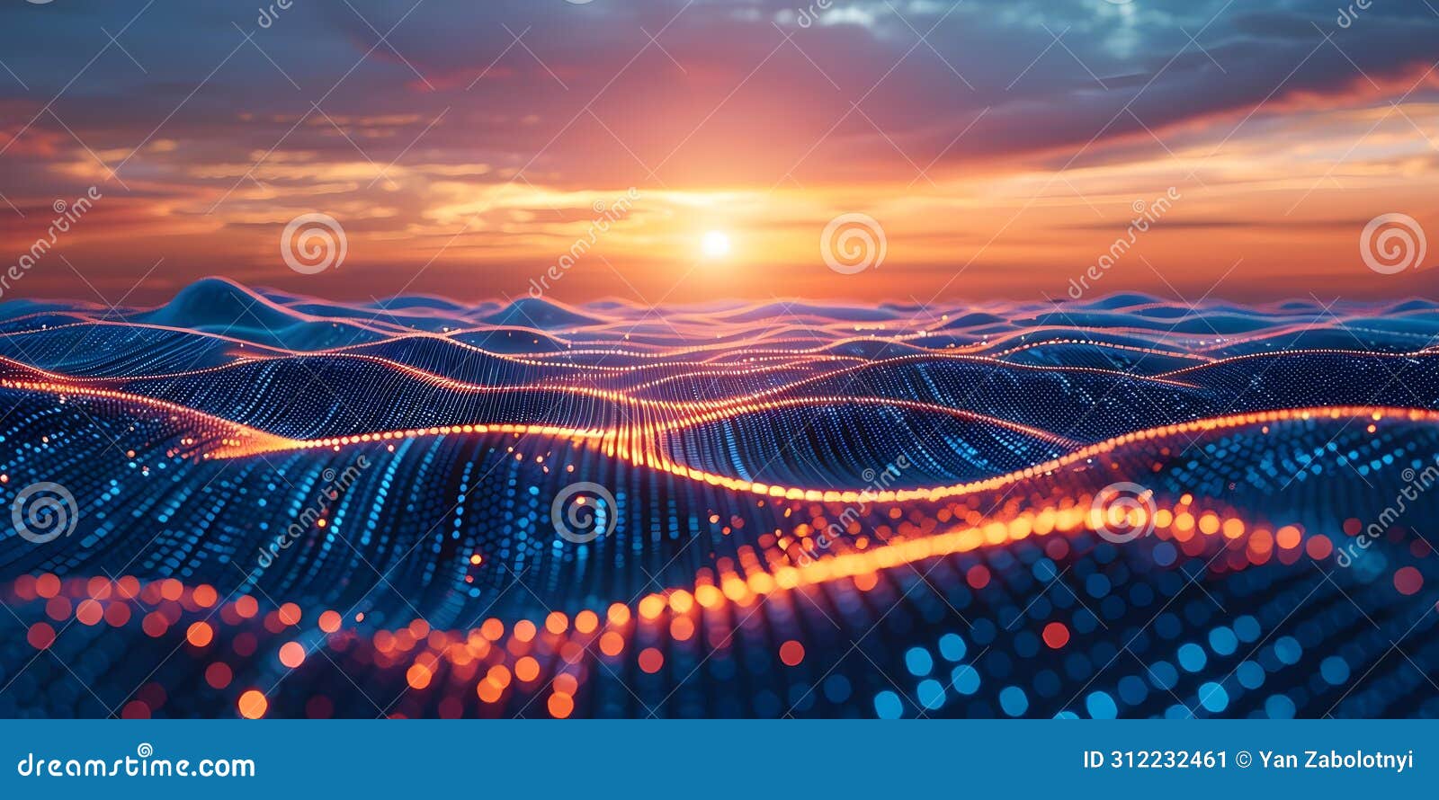 Sunset Abstract Cyber Landscape with Wavy Network Surface and Tech ...