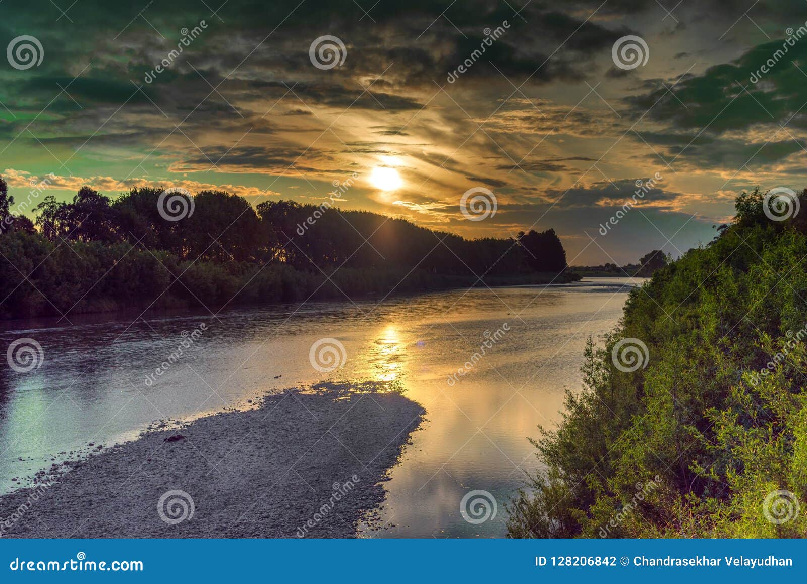 Sunset Across the Manawatu River with Dramatic Skies Stock Photo ...