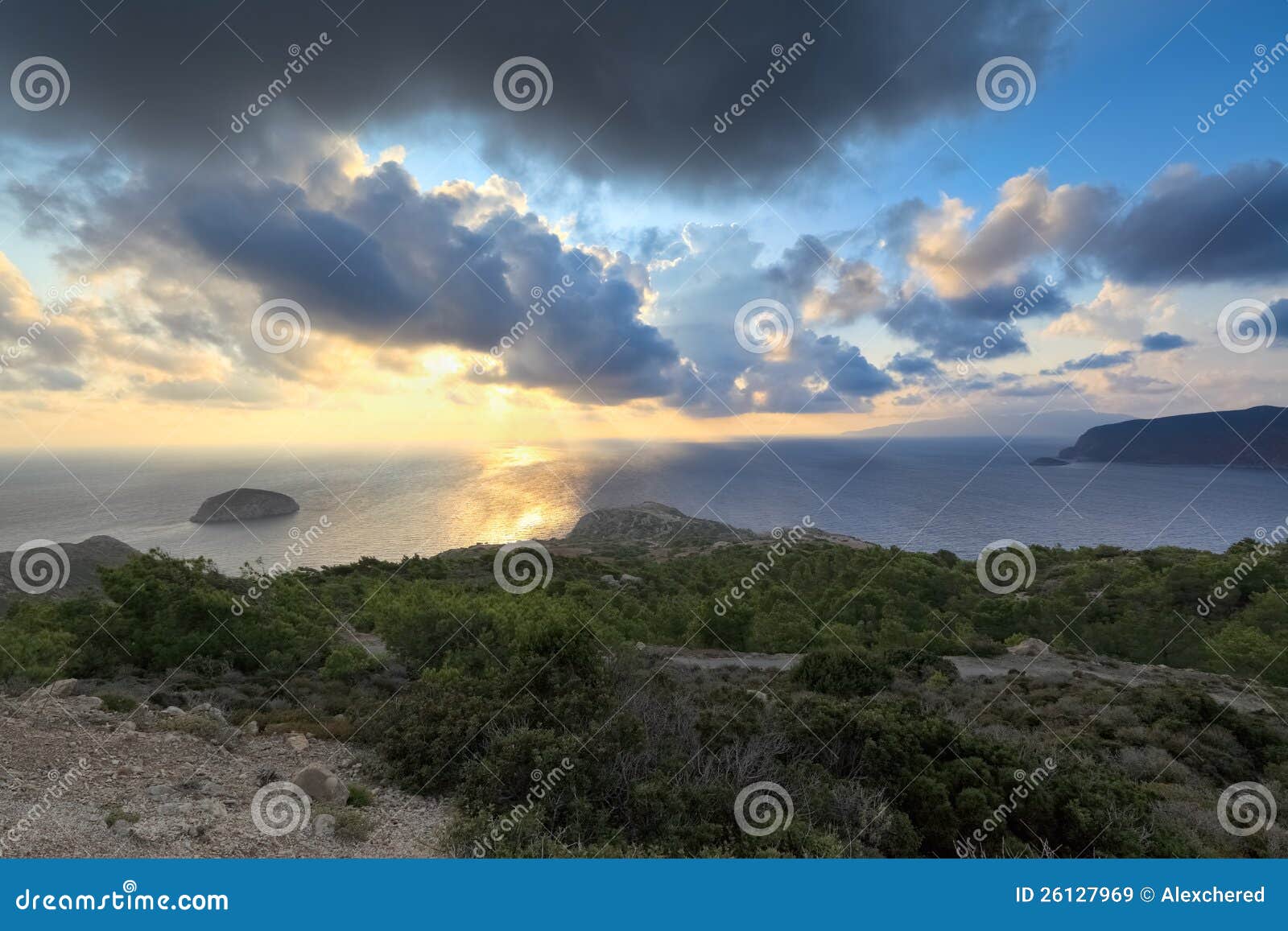 Sunset in Aegean Sea, Rhodes Island - Greece Stock Image - Image of ...