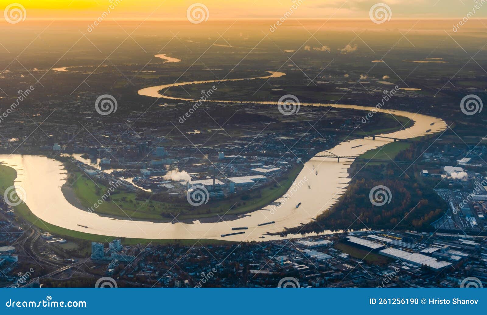 Sunset Aerial View of Dusseldorf Rhein River with Bridge in Germany ...