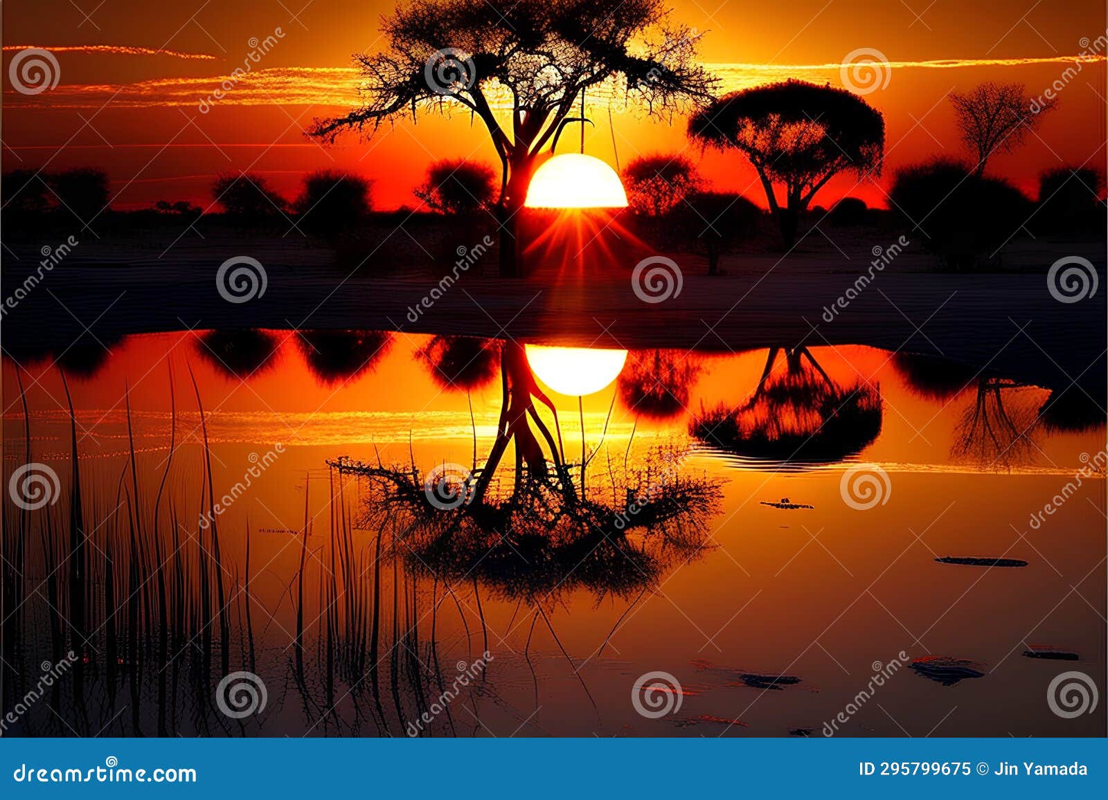 Sunset in the African Savannah with a Tree Reflected in the Water Stock ...