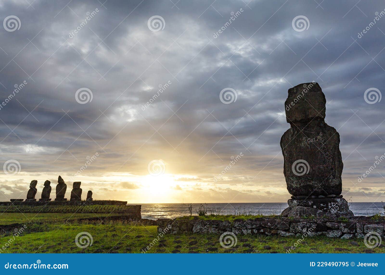 Sunset at Ahu Tahai, Site with Moai Statues at Easter Island, Chile ...