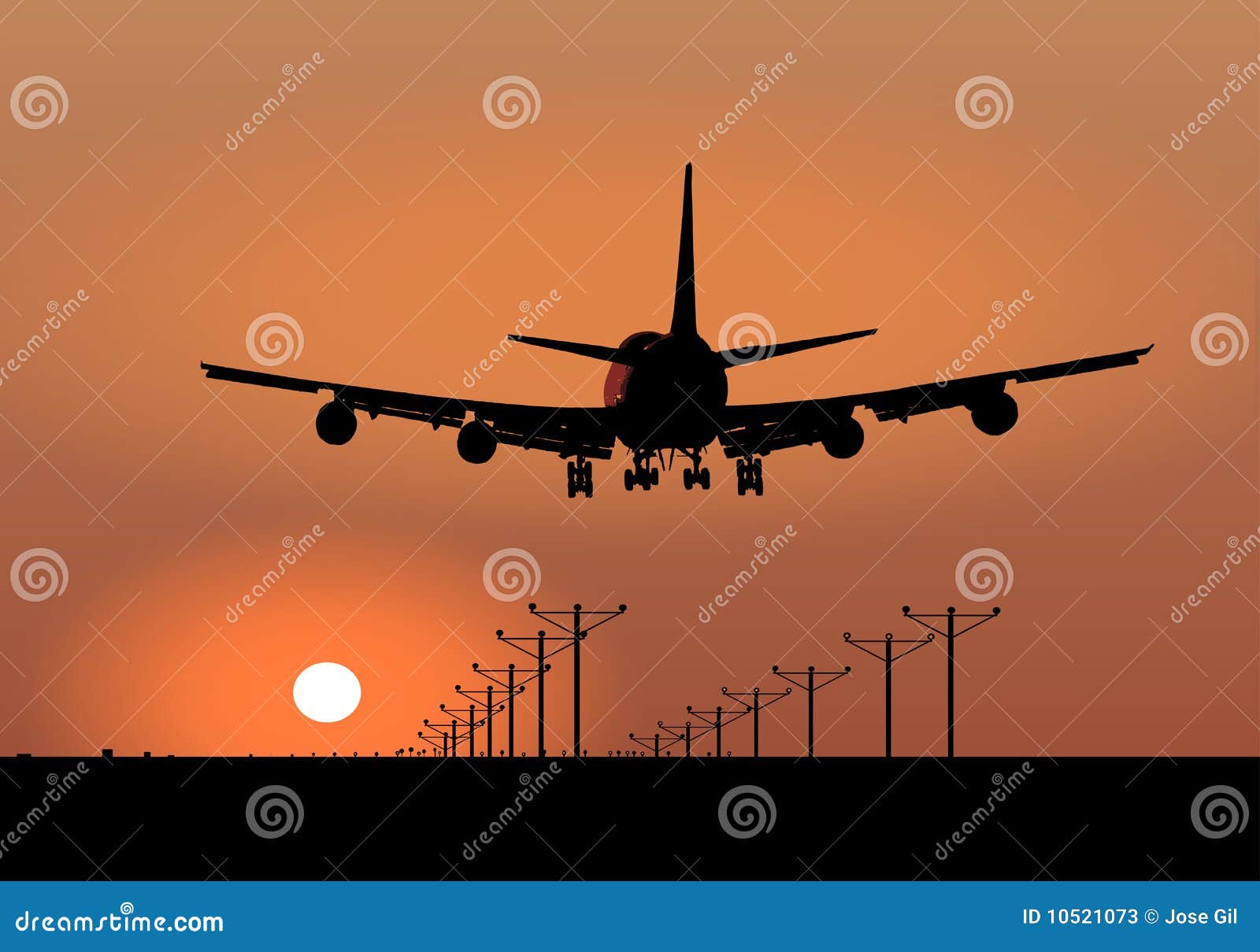 Sunset Airplane Landing Vector Stock Vector - Illustration of touchdown ...